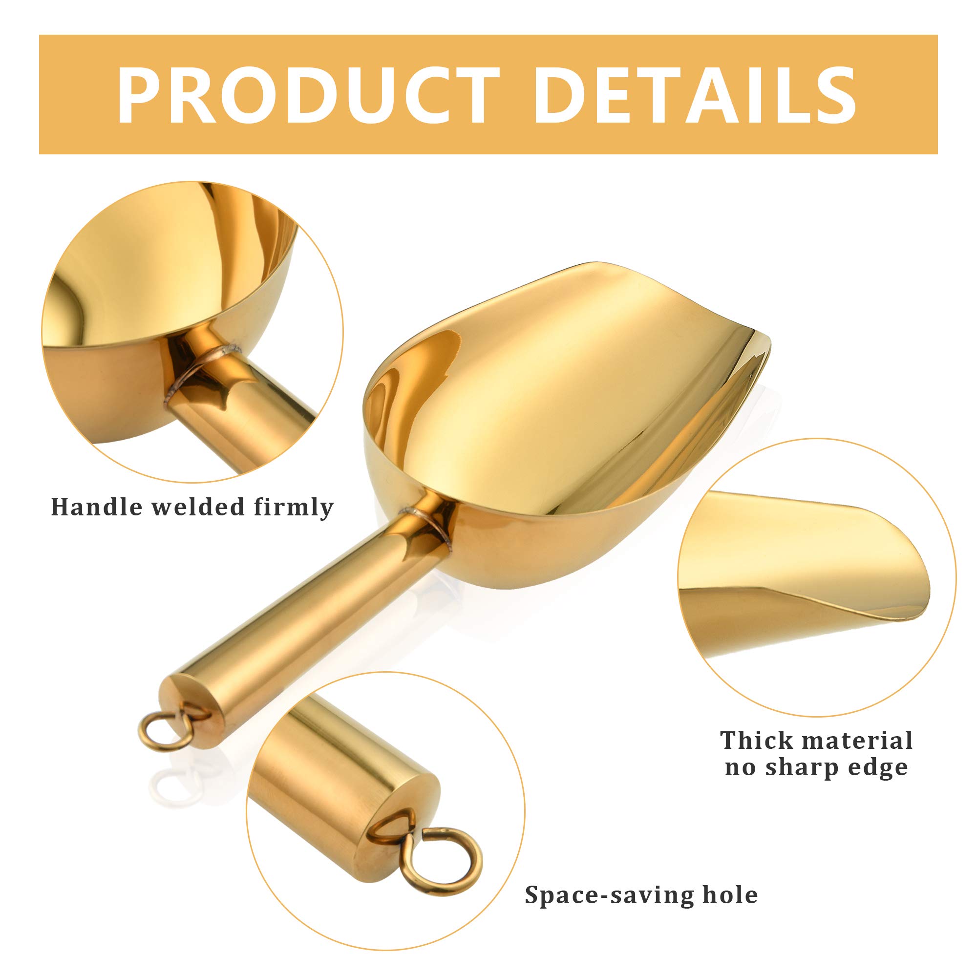 Stainless Steel Ice Scoop and Ice Tongs, Akamino Small Round Bottom Bar Ice Flour Utility Scoop & Buffet Clip Kitchen Bar BBQ Party Wedding, Gold