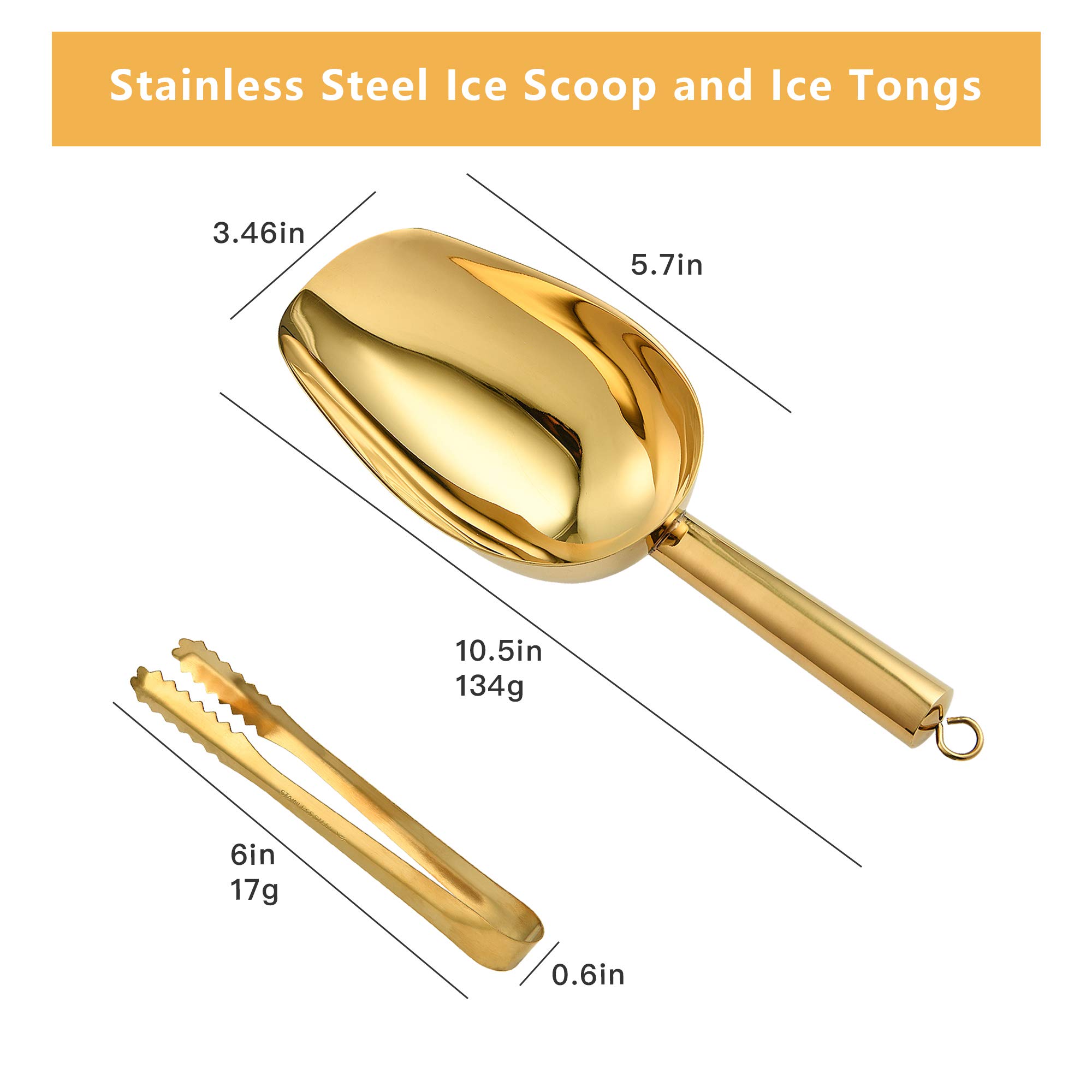 Stainless Steel Ice Scoop and Ice Tongs, Akamino Small Round Bottom Bar Ice Flour Utility Scoop & Buffet Clip Kitchen Bar BBQ Party Wedding, Gold