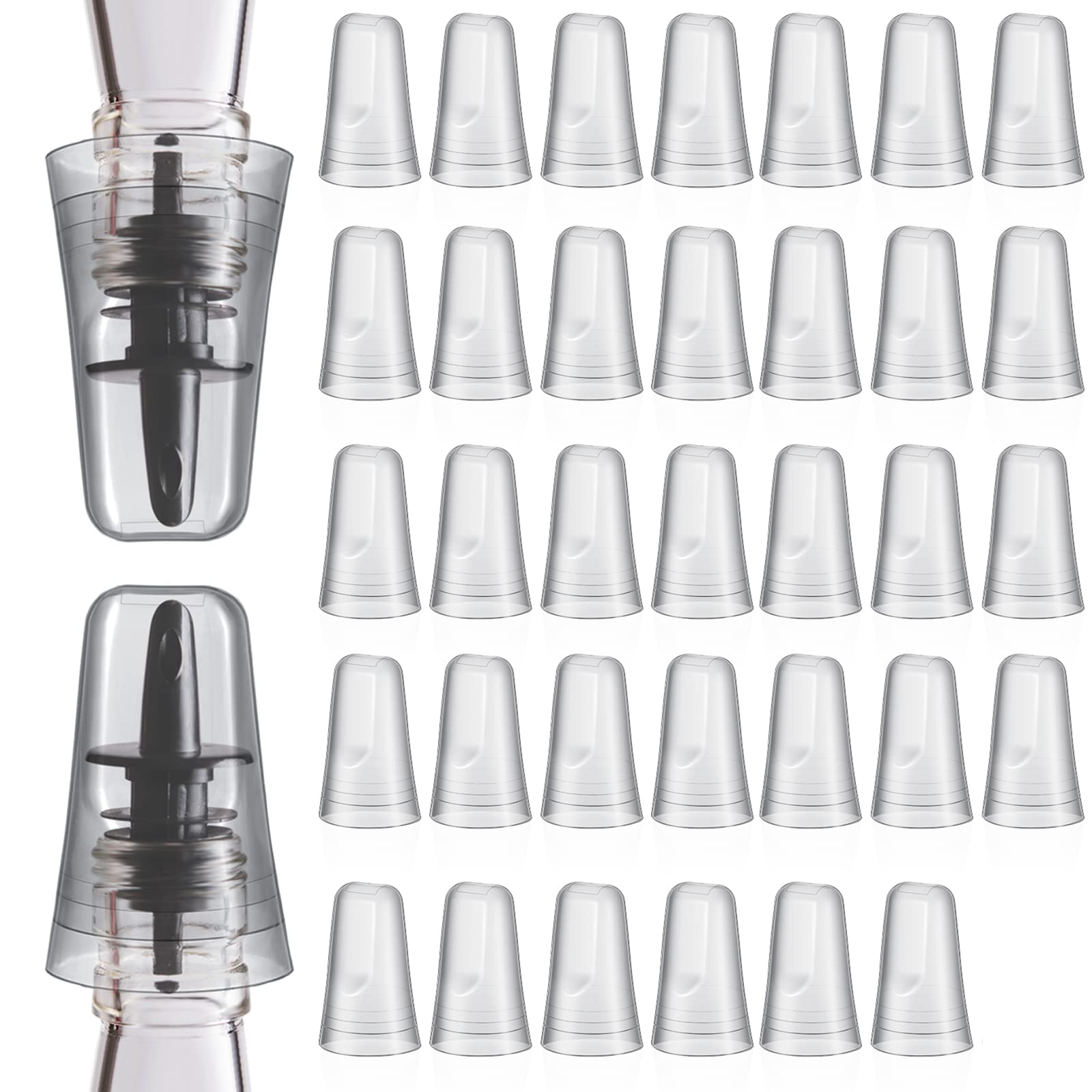 Pour Spout Covers Translucent Liquor Pourer Covers Universal Bottle Pour Dispenser Liquor Bottle Covers Liquor Bottle Covers Bottle Cover Dust for Home Kitchen Tools Supplies (Clear, 36 Pieces)