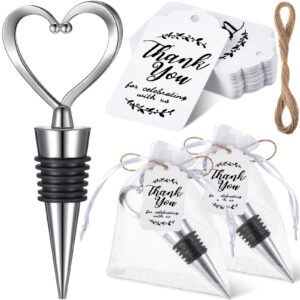 60 pack heart shape wine stoppers love wine bottle stopper silver champagne beer bottle stopper decorative wine stopper with sheer bags, labels for wedding gift valentine's day decorations