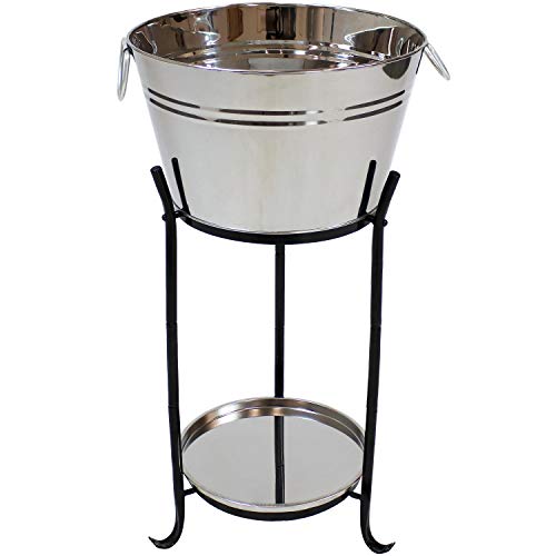 Sunnydaze Ice Bucket Drink Cooler with Stand and Tray - Stainless Steel - Holds Beer, Wine, Champagne and More