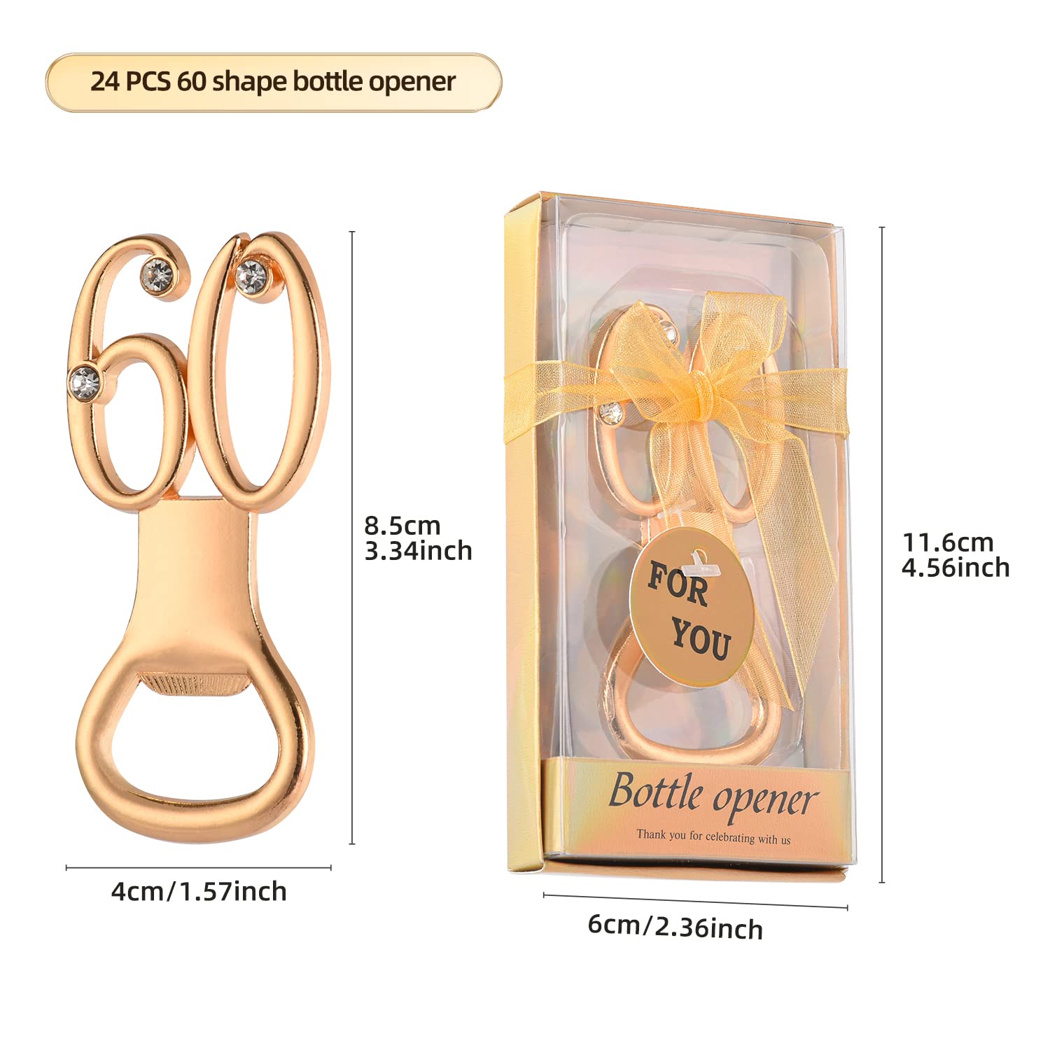 24PCS gold 60th bottle opener for 60th birthday favors 60th gold wedding party gifts 60th birthday party souvenirs or decorations for' guests (24, 60)