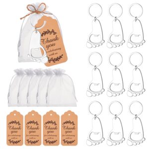 50pc footprint keychain bottle opener baby shower for guest baby shower souvenirs, gifts, supplies and decorations, baby shower souvenirs with organza bag thank you tag 20m string (silver)