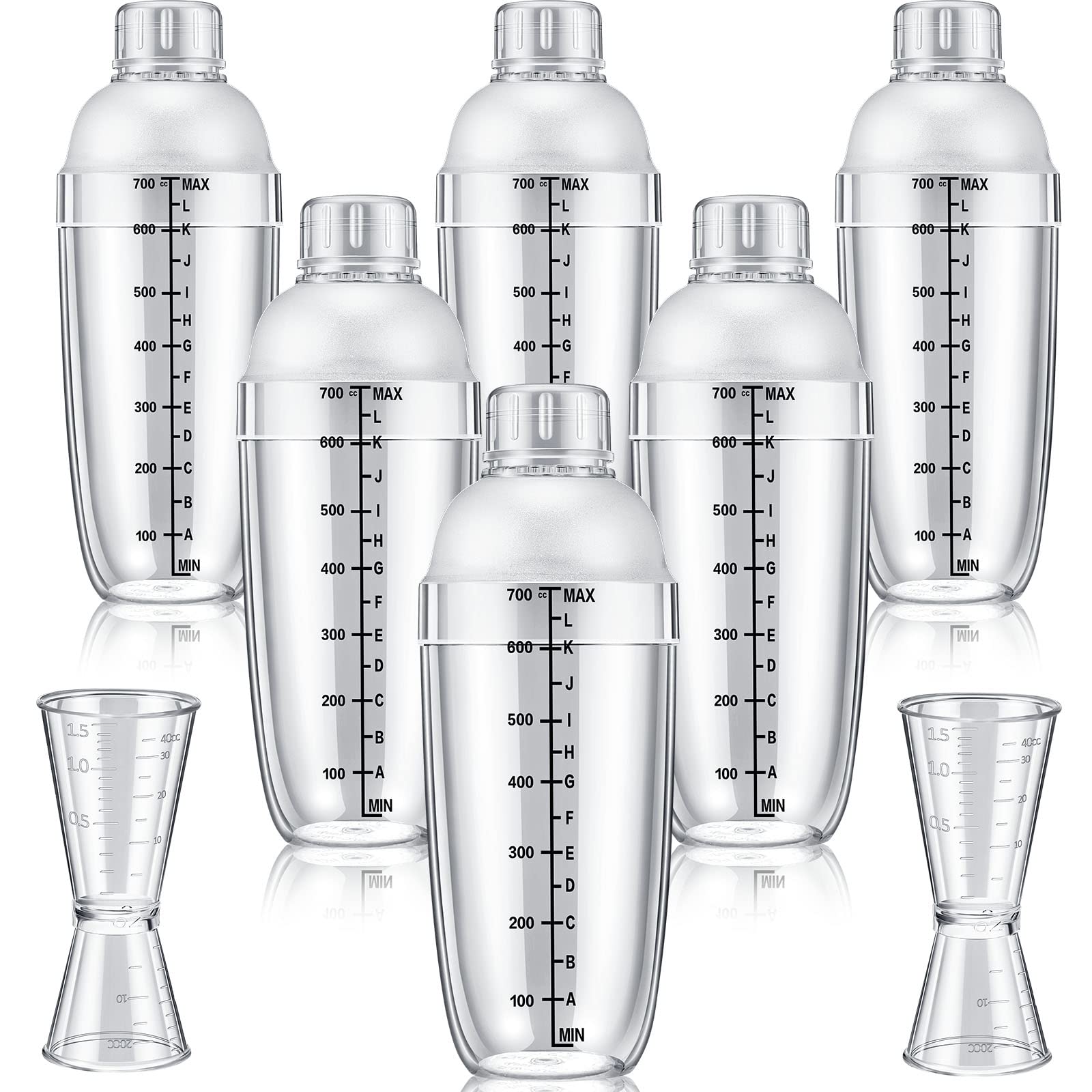 8 Pcs Plastic Cocktail Shaker Set 6 Pcs 24 oz Drink Shaker 2 Pcs Double Measuring Jigger Clear Plastic Shaker Bottle Tea Drink Mixer Cocktail Measuring Cup for Kitchen Bar Party Tools