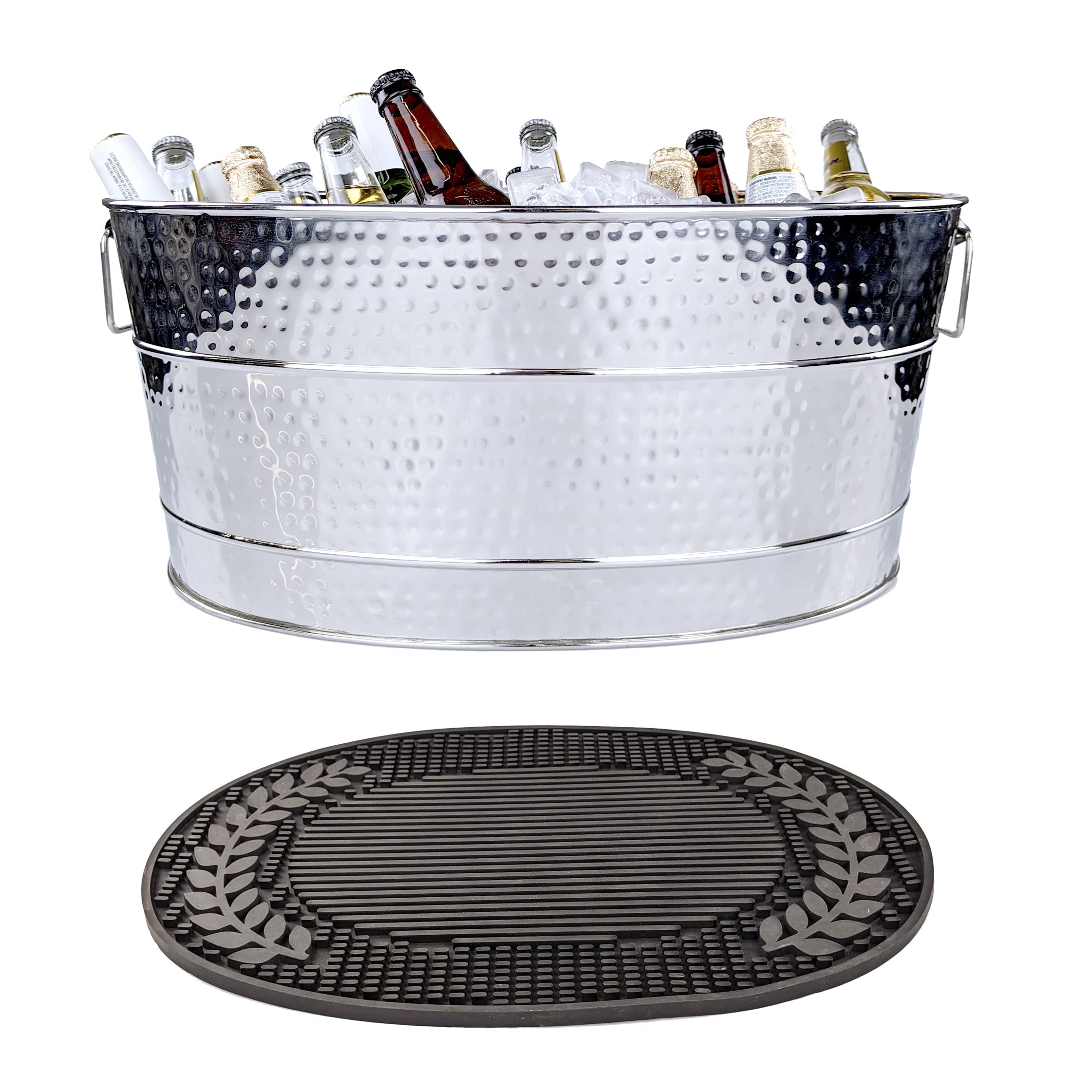 Stainless Steel Beverage Tub + Insulated Multi-Functional Bar Mat for Parties & Events - Wedding Gifts, Anniversary, Wine Nights (6-Gallon)