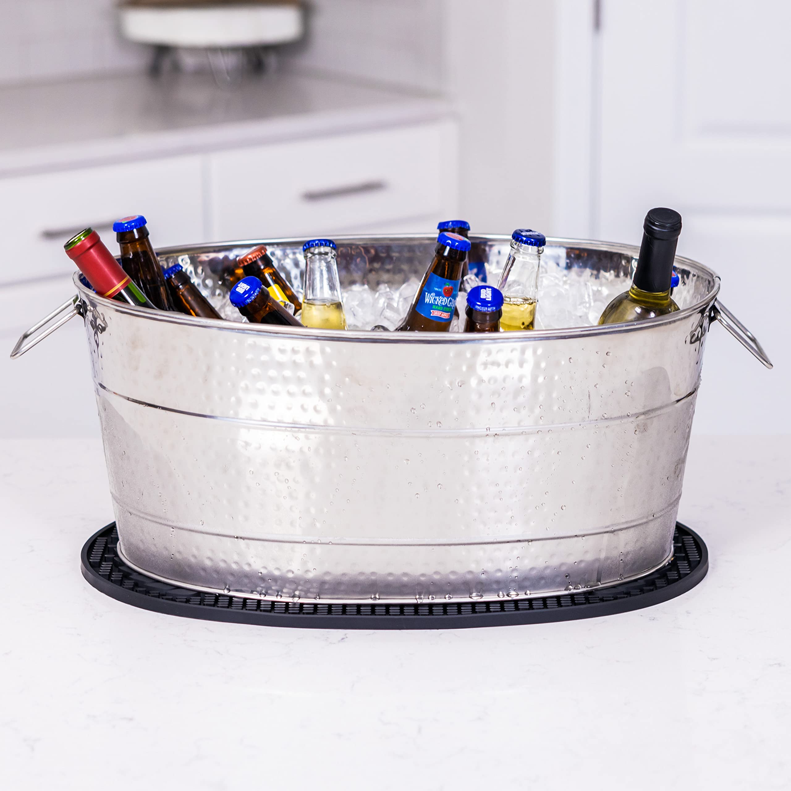 Stainless Steel Beverage Tub + Insulated Multi-Functional Bar Mat for Parties & Events - Wedding Gifts, Anniversary, Wine Nights (6-Gallon)