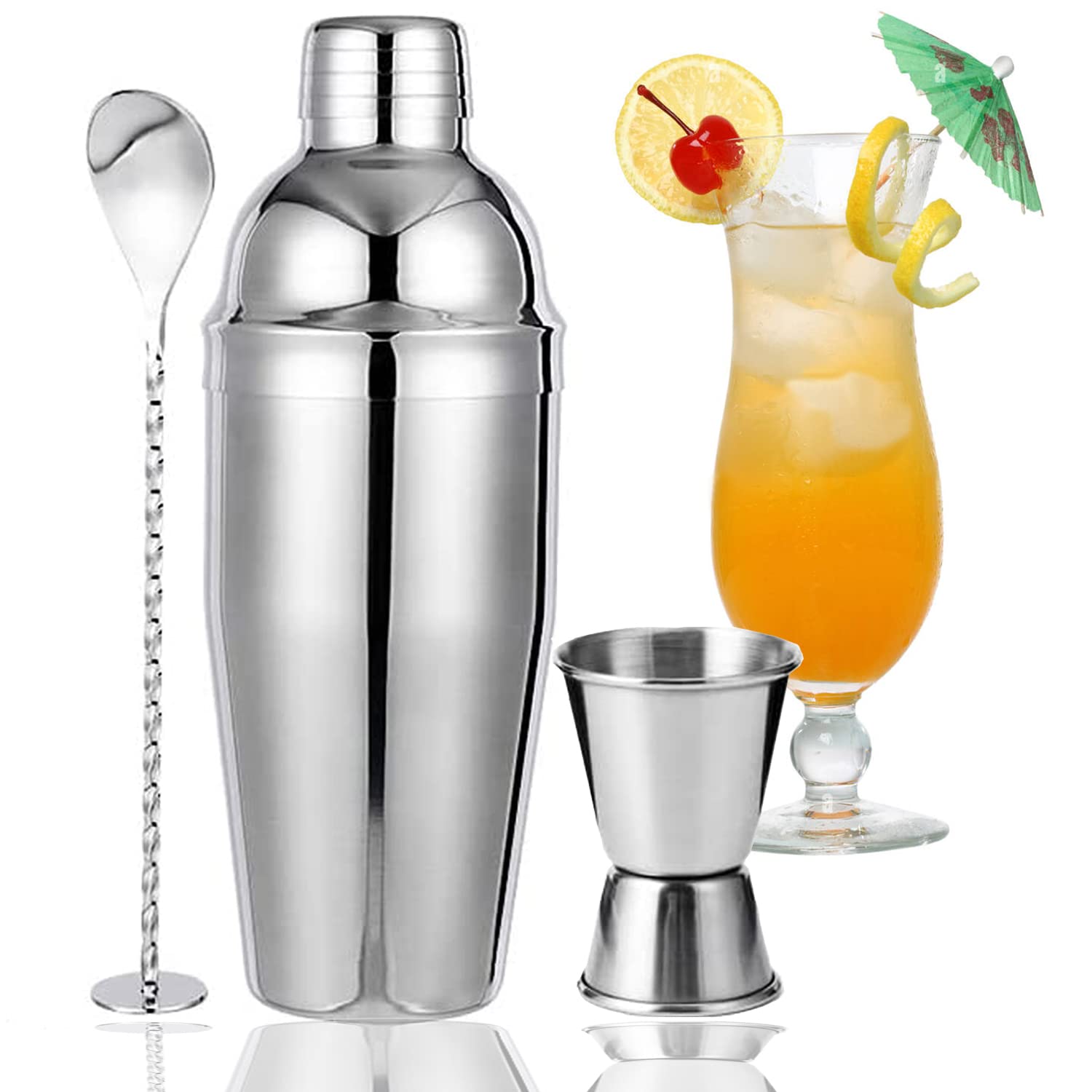 Cocktail Shaker Bar Set - Professional Margarita Mixer with Measuring Jigger & Mixing Spoon - Stainless Steel Bartender Strainer Martini Kit - 750ml / 25oz