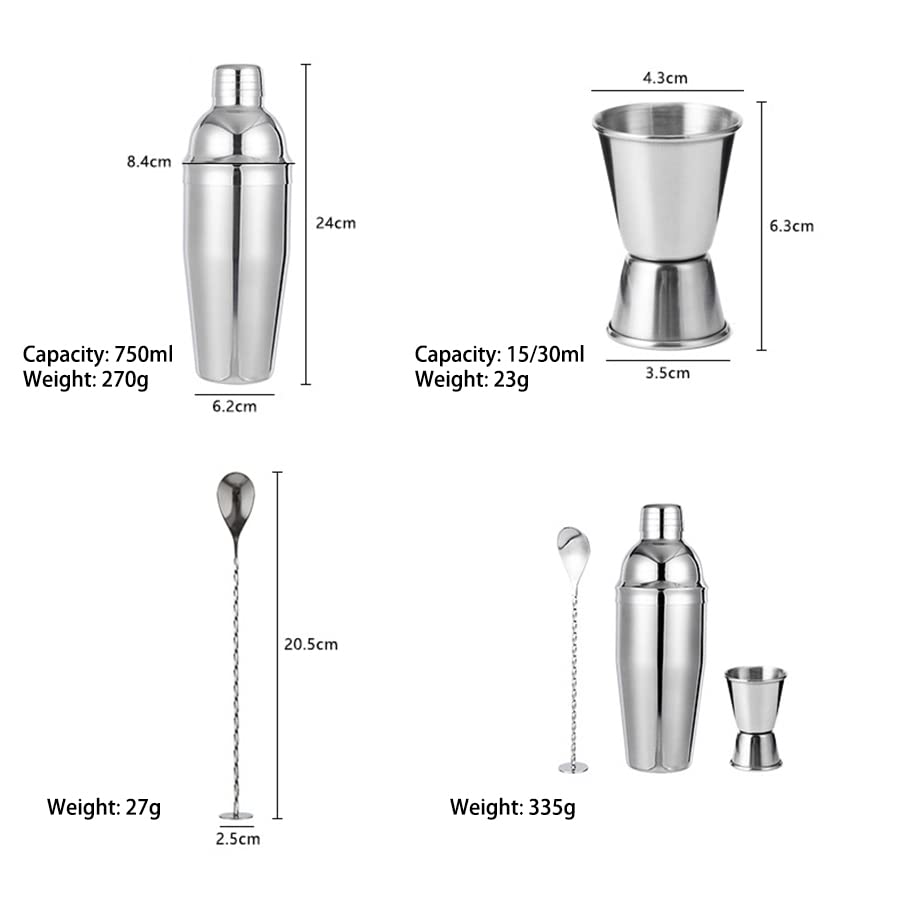 Cocktail Shaker Bar Set - Professional Margarita Mixer with Measuring Jigger & Mixing Spoon - Stainless Steel Bartender Strainer Martini Kit - 750ml / 25oz