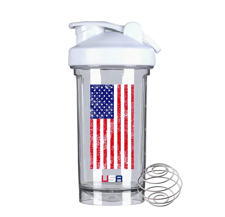 American Flag USA Shaker Bottle | 24 oz | Distressed Grunge Texture with Tri-colored USA Print || Made from Durable Tritan Plastic || Patriotic Protein Mixer