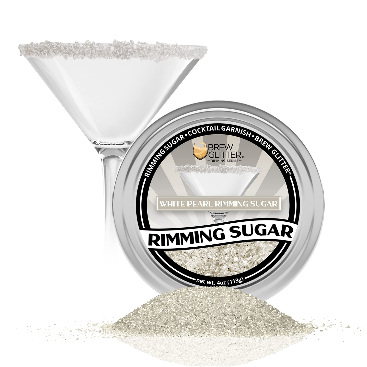 BREW GLITTER White Pearl Cocktail Rimming Sugar, Drink Rimmer for Beverages, Cocktails, Margaritas, Drinks, Kosher Certified (4oz, White Pearl)