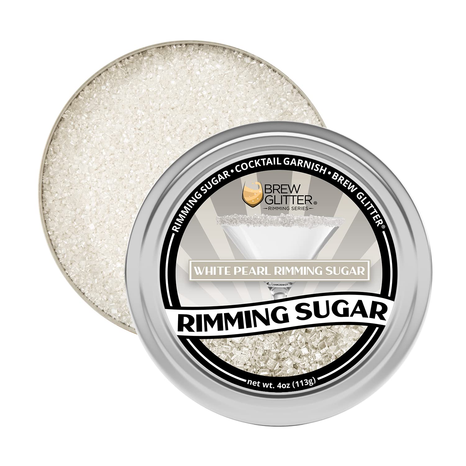 BREW GLITTER White Pearl Cocktail Rimming Sugar, Drink Rimmer for Beverages, Cocktails, Margaritas, Drinks, Kosher Certified (4oz, White Pearl)