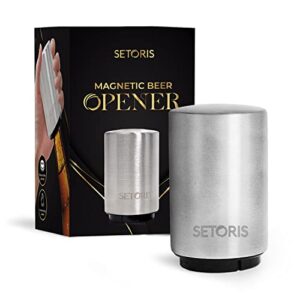 magnetic beer bottle opener by setoris- set of 3 stainless steel automatic pop off beer opener- durable push down beer/soda bottle opener for quick & easy use- cool gadget gift for men, dad, husband