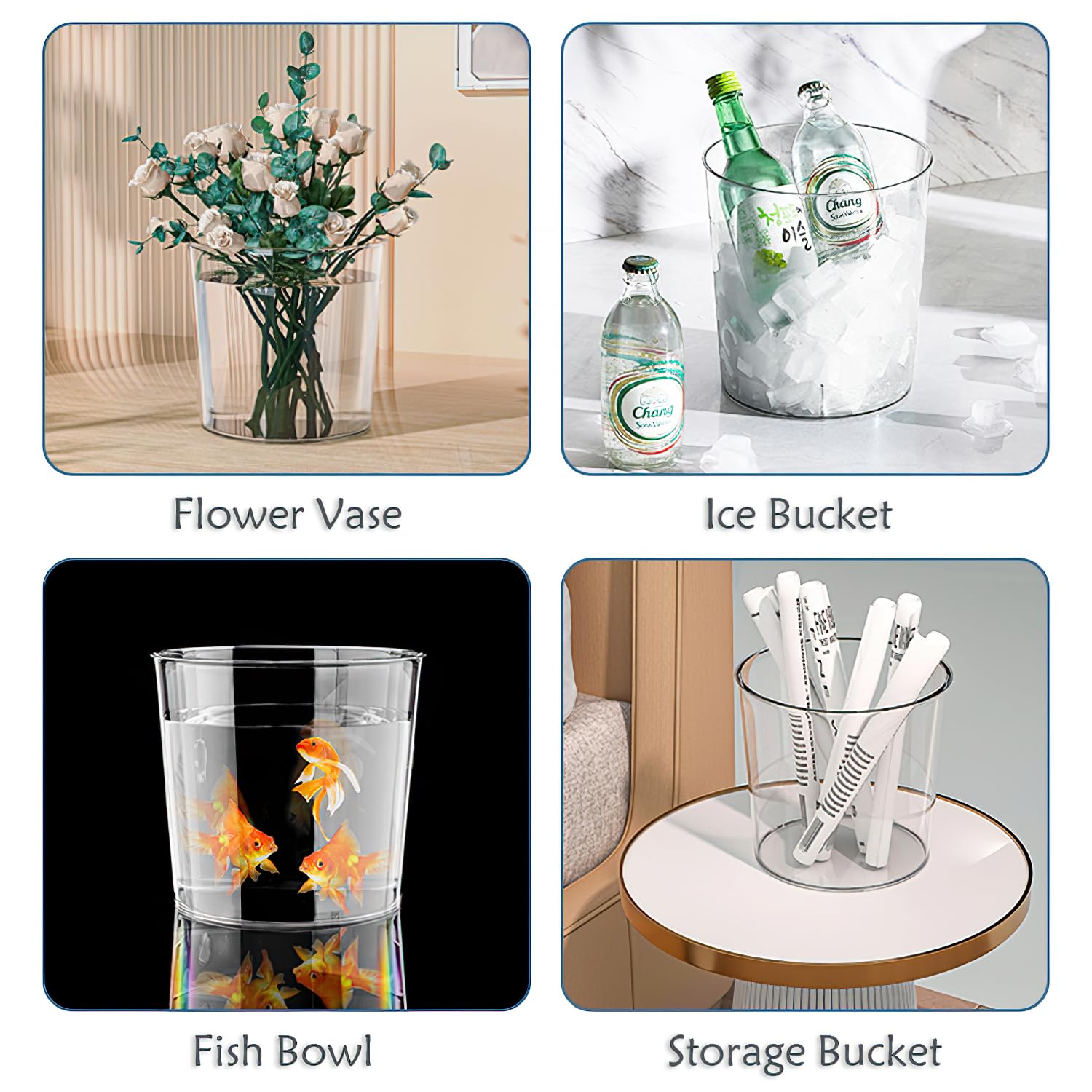 Kingrol 6 Pack Clear Flower Vases, 3 Quart Plastic Ice Buckets for Chilling Beer, Wine, Champagne, Multipurpose Buckets for Home Office, 6.5 x 6.5 x 6 Inch