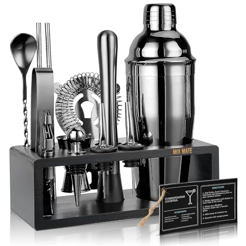 Black Stainless Steel Cocktail Shaker Set with Wood Stand - 15 Piece Bartender Kit with Drink Shaker, Bar Spoon, Jigger, Muddler, Strainer, Bottle Opener, Stopper, Pour Spout, Stirrers, Tongs, Recipes