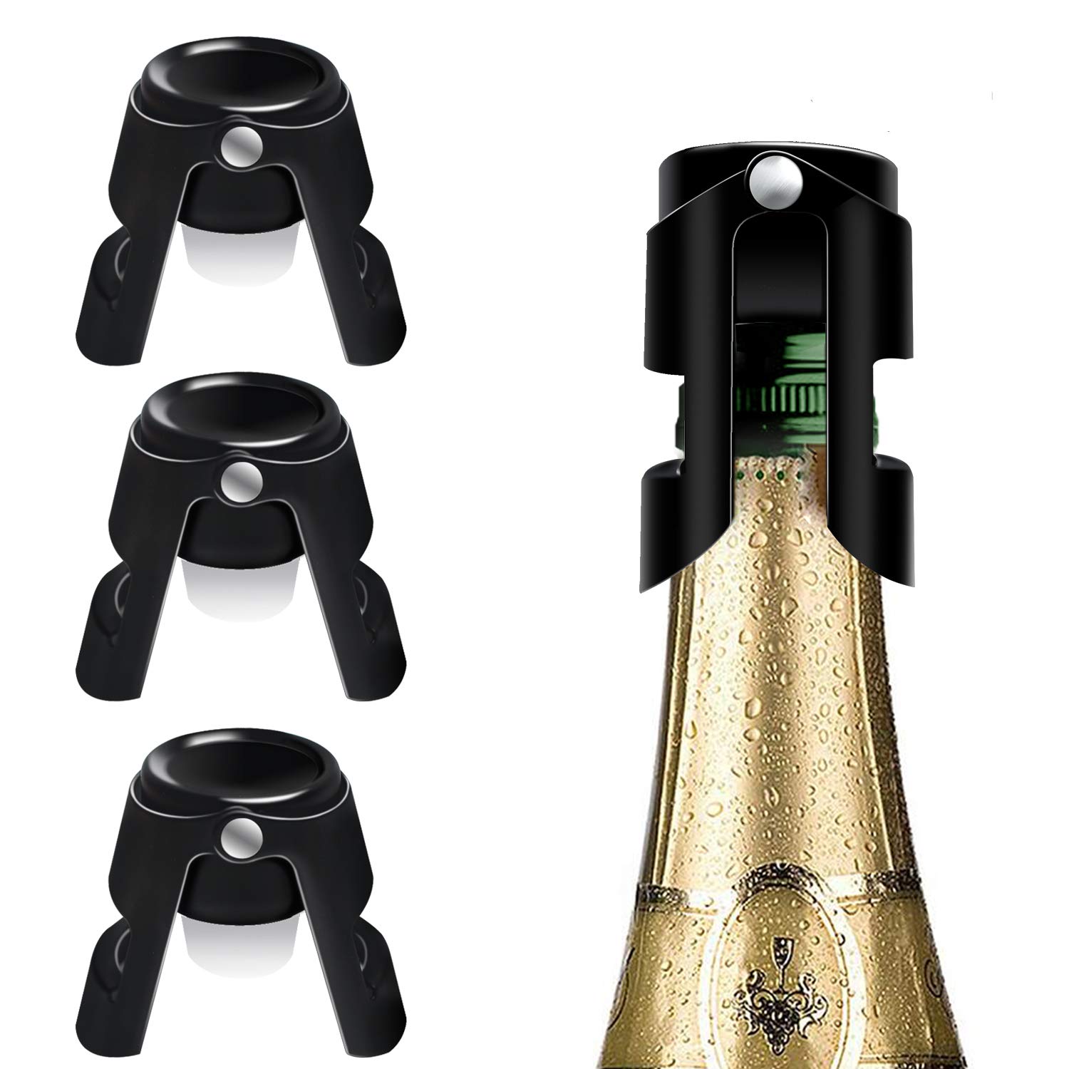 Champagne Stoppers Stainless Steel Black Sealer Stopper 3 Pack for Champagne Cava Prosecco Sparkling Wine No Leaks No Spills Stainless Steel Sparkling Wine Stopper