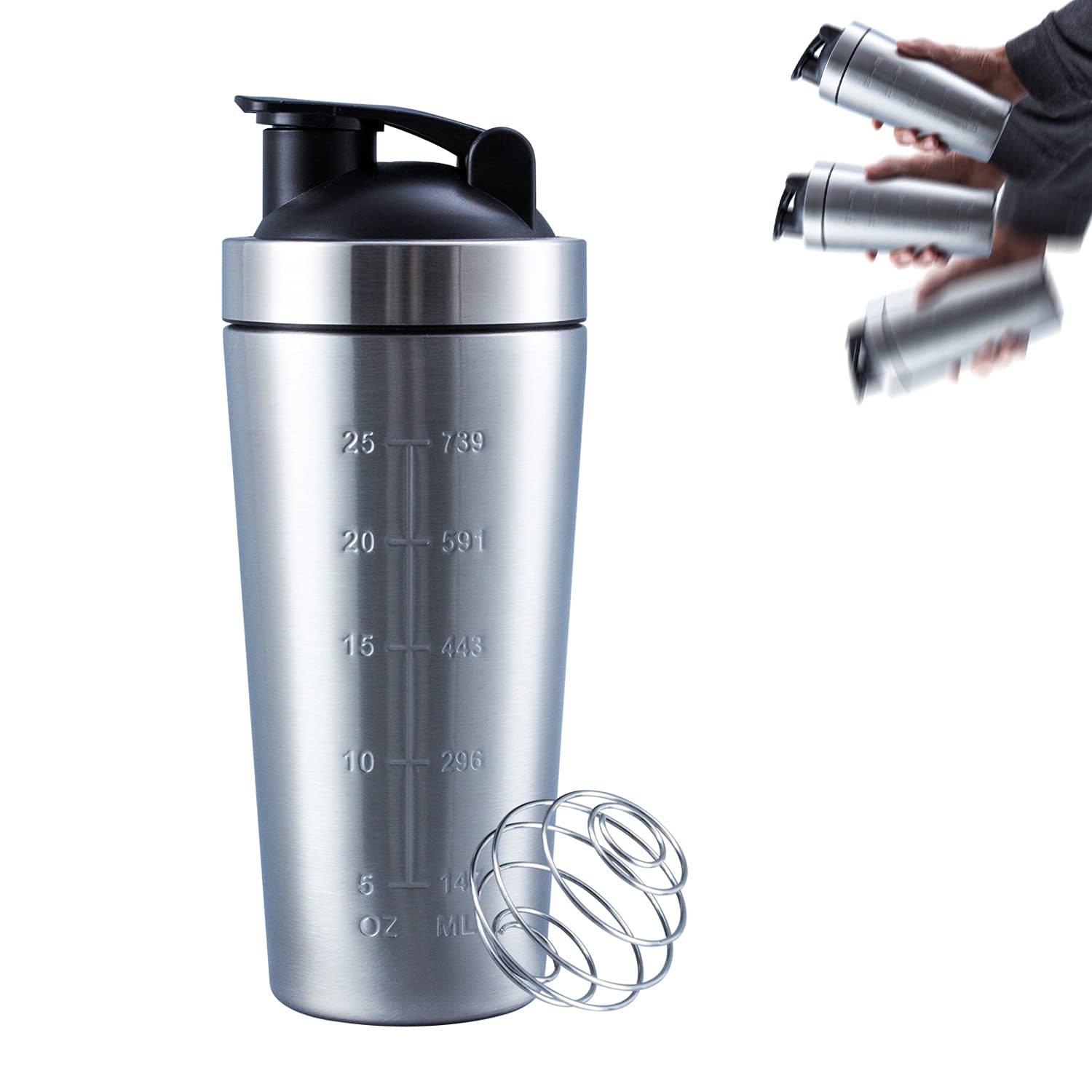 VALESKA Shaker Bottle with Wire Whisk, Protein Shaker Bottle for Protein Mixes, Stainless Steel Shaker Bottle, Metal Shaker Bottle,Large Shaker Bottle 25oz (739ml), BPA Free,Leak Proof Design