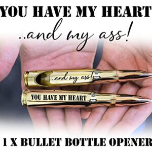 Funny Anniversary/Birthday Gifts for Boyfriend I Husband Birthday Gift - "You have my Heart and my As!" - 50 Cal Bottle Opener I Cute Couples Anniversary for Boyfriend from Girlfriend