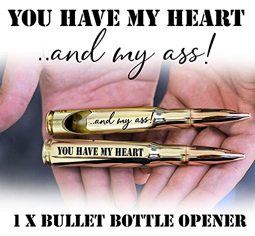 Funny Anniversary/Birthday Gifts for Boyfriend I Husband Birthday Gift - "You have my Heart and my As!" - 50 Cal Bottle Opener I Cute Couples Anniversary for Boyfriend from Girlfriend