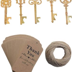 50 Pcs Gold Skeleton Key Beer Bottle Opener With 100 Pcs Thank You Card and 98 Feet Hemp Rope for Wedding Party Favors (50pcs Gold)