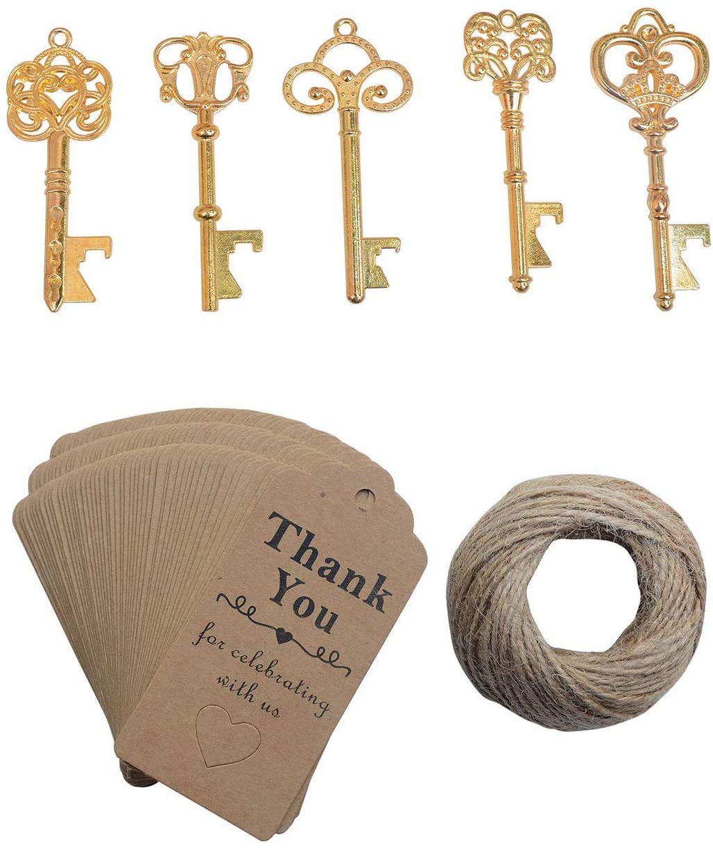 50 Pcs Gold Skeleton Key Beer Bottle Opener With 100 Pcs Thank You Card and 98 Feet Hemp Rope for Wedding Party Favors (50pcs Gold)