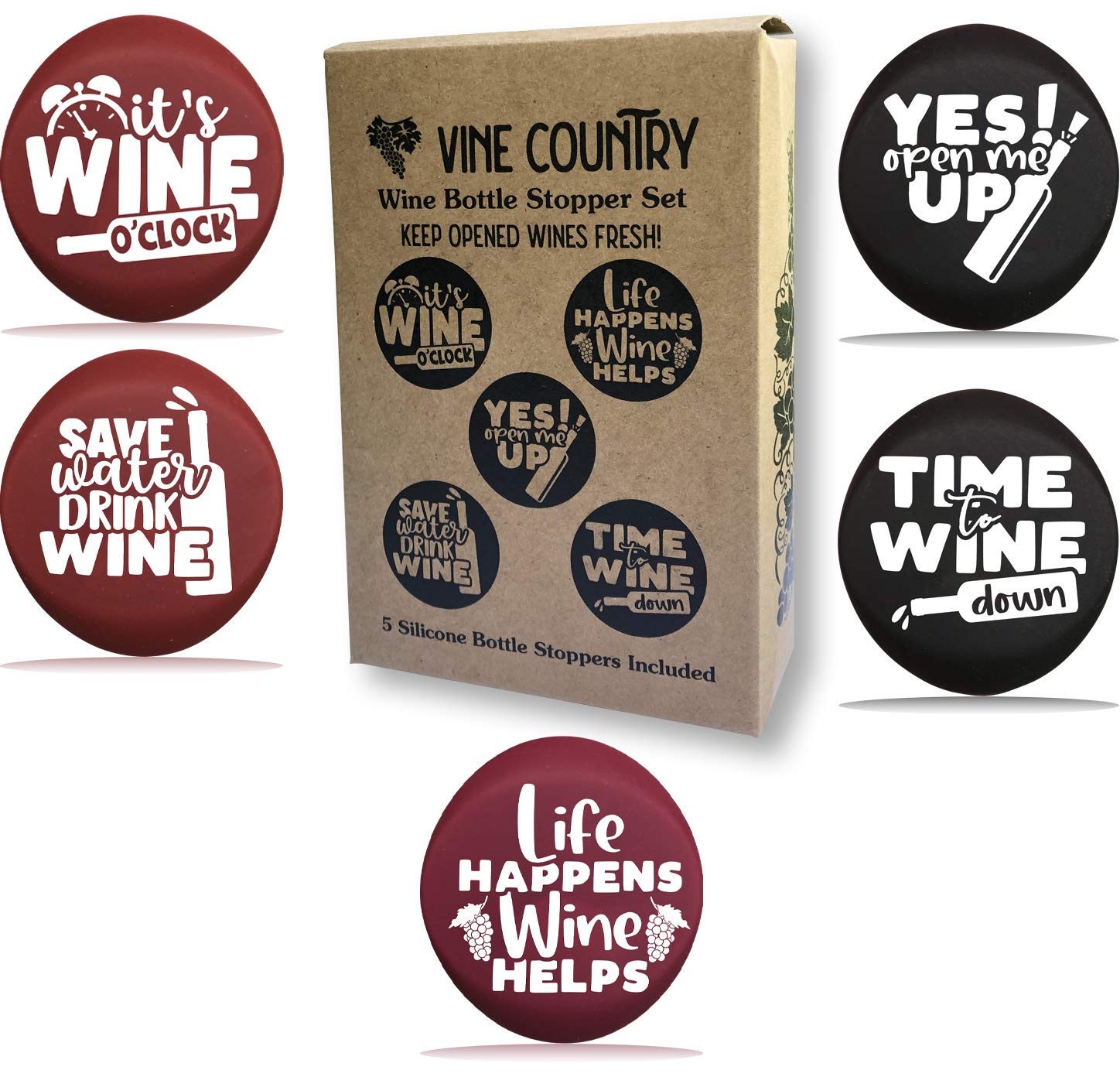 Wine Stoppers - 5 Reusable Funny Bottle Stopper Cap Set With Gift Box - Wine Gift Accessory for Friends