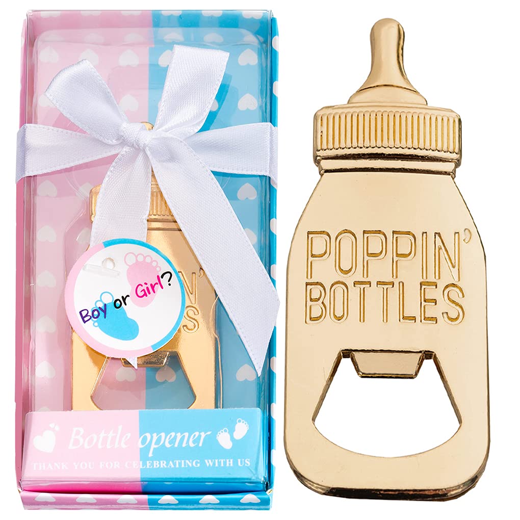 24Pack Baby Bottle Openers for Baby Shower Favors Gifts, Decorations Souvenirs, Poppin Bottles Openers with Gifts Box used for Guests Gender Reveal Party Favors (24, Blue and Pink)