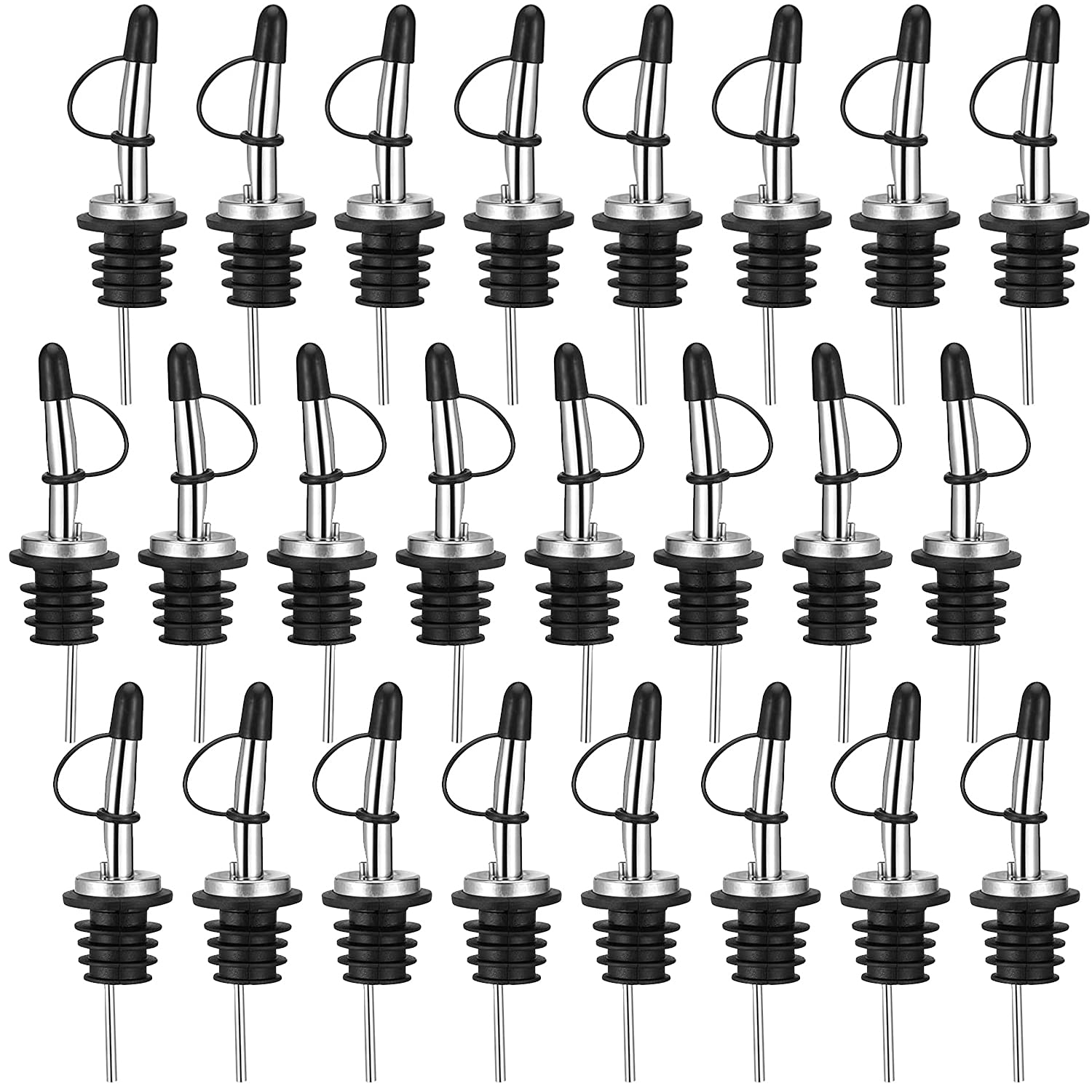 24 Pack Liquor Pourers Set [2023 UPGRADED] - Stainless Steel Liquor Bottle Pourers Tapered Spout with Rubber Dust Caps, Classic Bar Accessories Liquor Dispenser Part