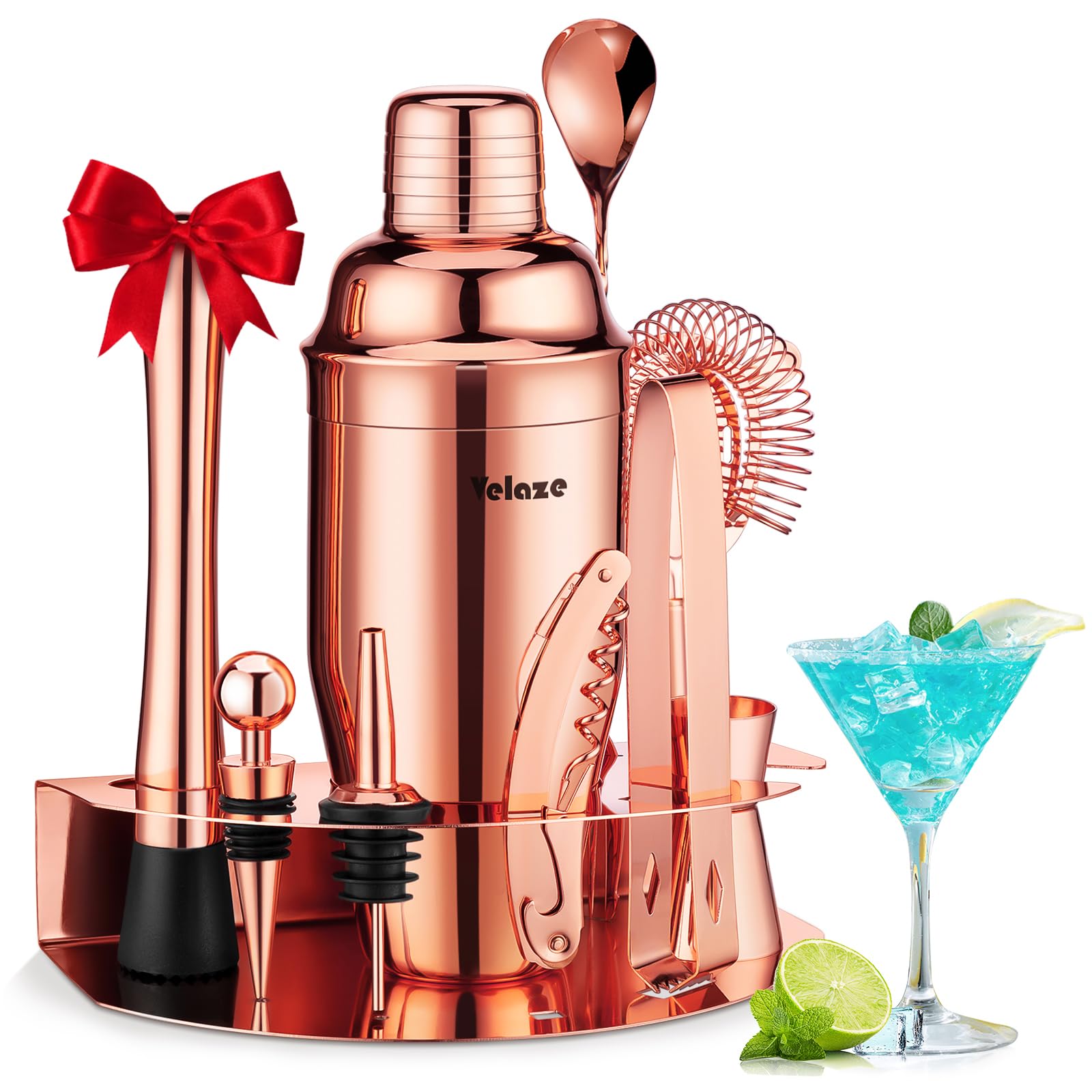 Velaze Cocktail Shaker Set, 10 Pieces Stainless Steel Bar Tools - Bottle Opener, Pour Spouts, Measuring Jigger and Wine Stopper, Champagne Martini Shaker Sets (Rose Gold)