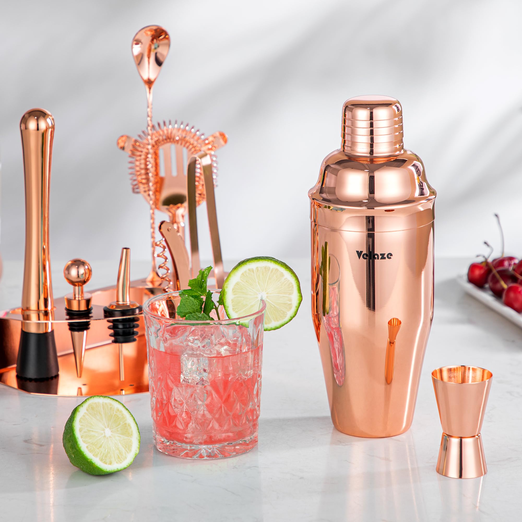 Velaze Cocktail Shaker Set, 10 Pieces Stainless Steel Bar Tools - Bottle Opener, Pour Spouts, Measuring Jigger and Wine Stopper, Champagne Martini Shaker Sets (Rose Gold)