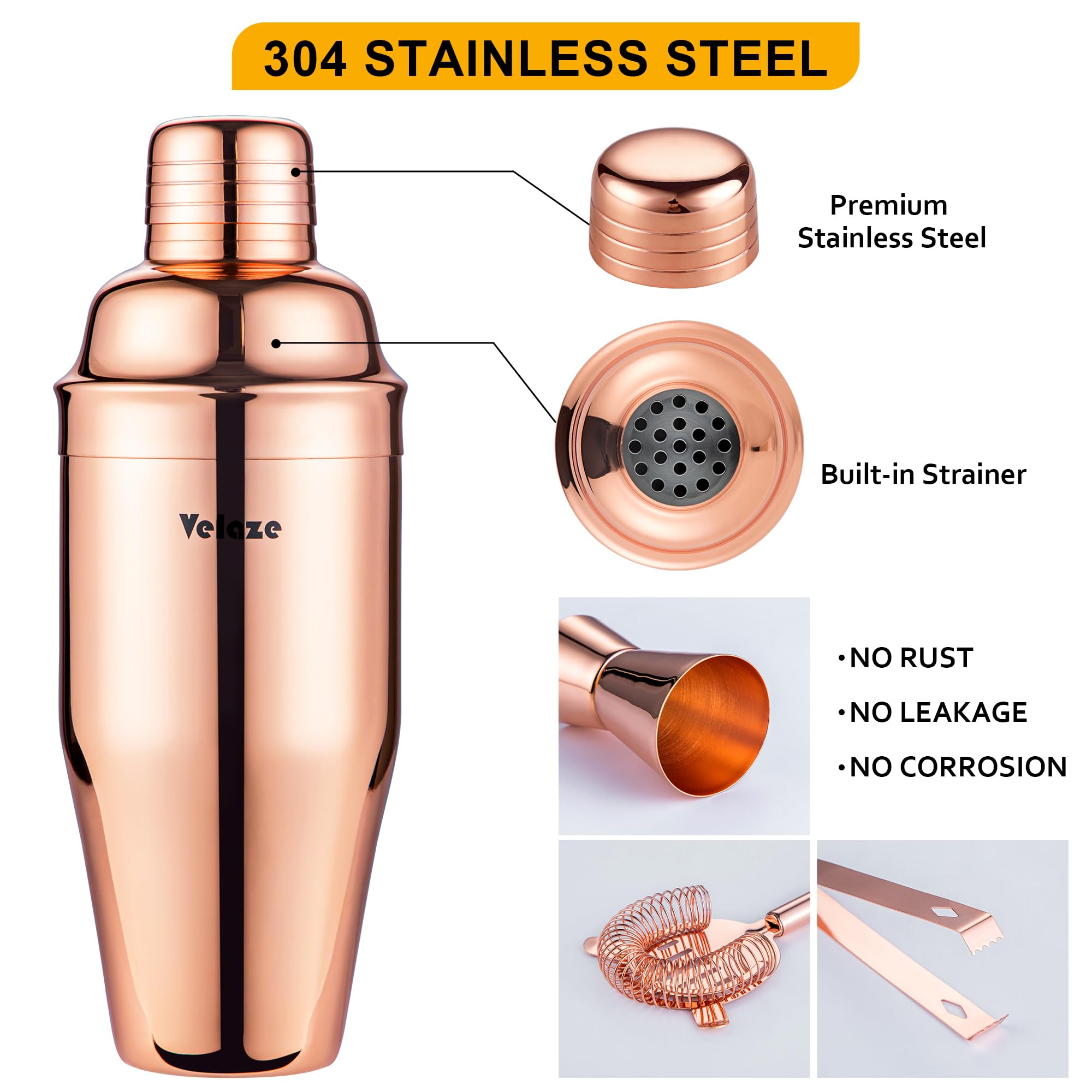 Velaze Cocktail Shaker Set, 10 Pieces Stainless Steel Bar Tools - Bottle Opener, Pour Spouts, Measuring Jigger and Wine Stopper, Champagne Martini Shaker Sets (Rose Gold)