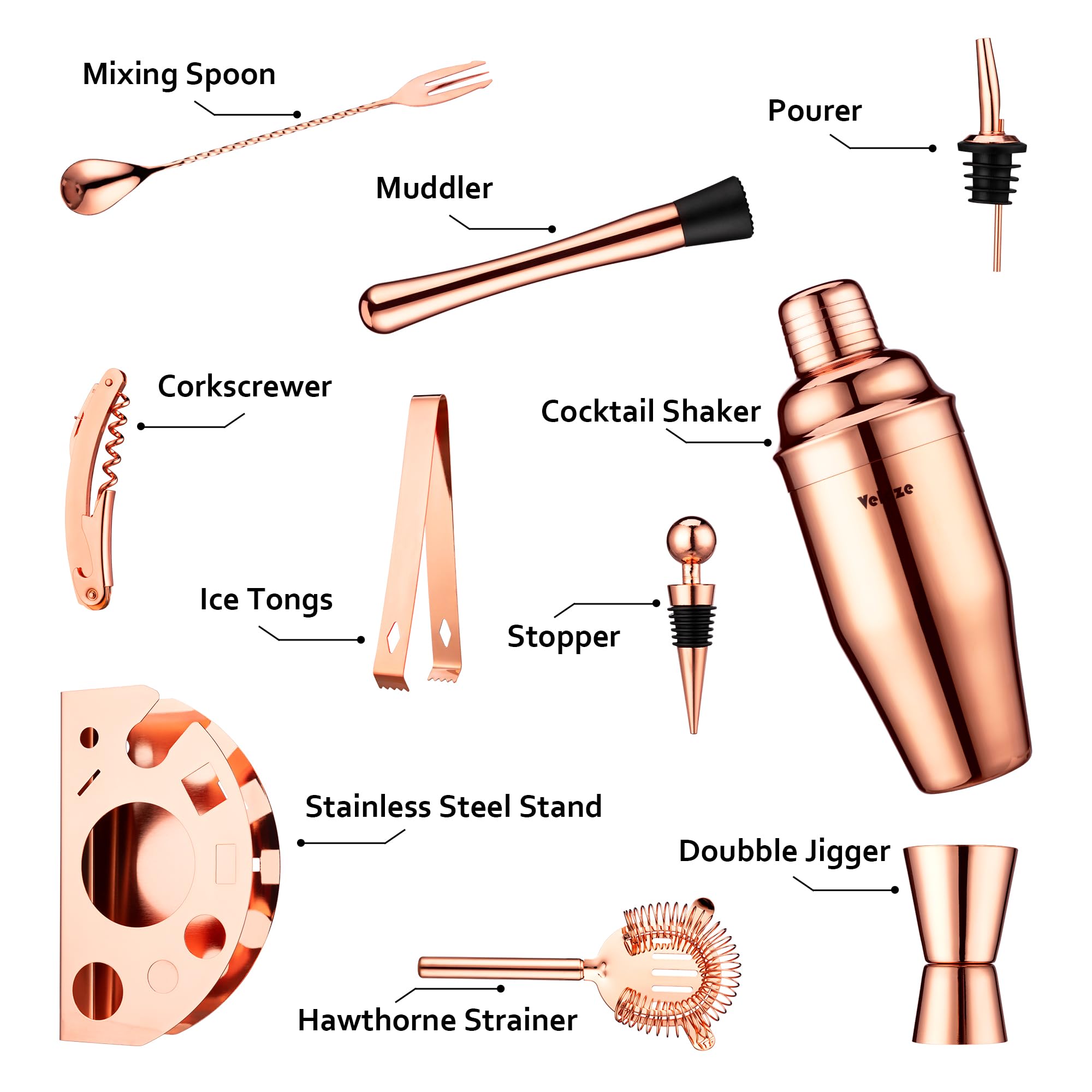 Velaze Cocktail Shaker Set, 10 Pieces Stainless Steel Bar Tools - Bottle Opener, Pour Spouts, Measuring Jigger and Wine Stopper, Champagne Martini Shaker Sets (Rose Gold)