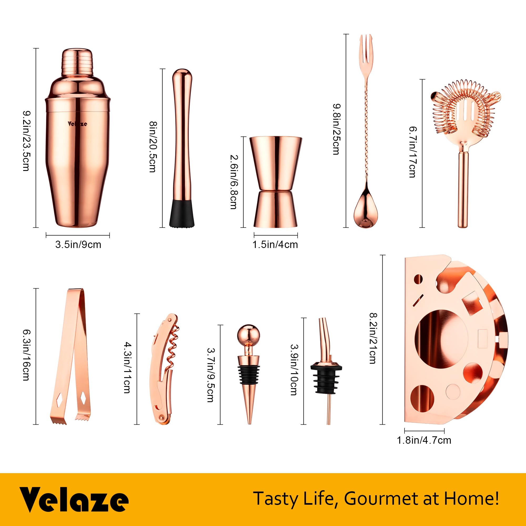 Velaze Cocktail Shaker Set, 10 Pieces Stainless Steel Bar Tools - Bottle Opener, Pour Spouts, Measuring Jigger and Wine Stopper, Champagne Martini Shaker Sets (Rose Gold)