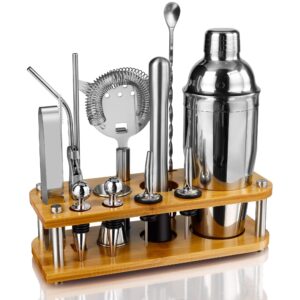 mixology bartender kit,16-piece silver bartender kit with stand, 25oz bar set cocktail shaker set, professional stainless steel bartending kit for home, bar, party