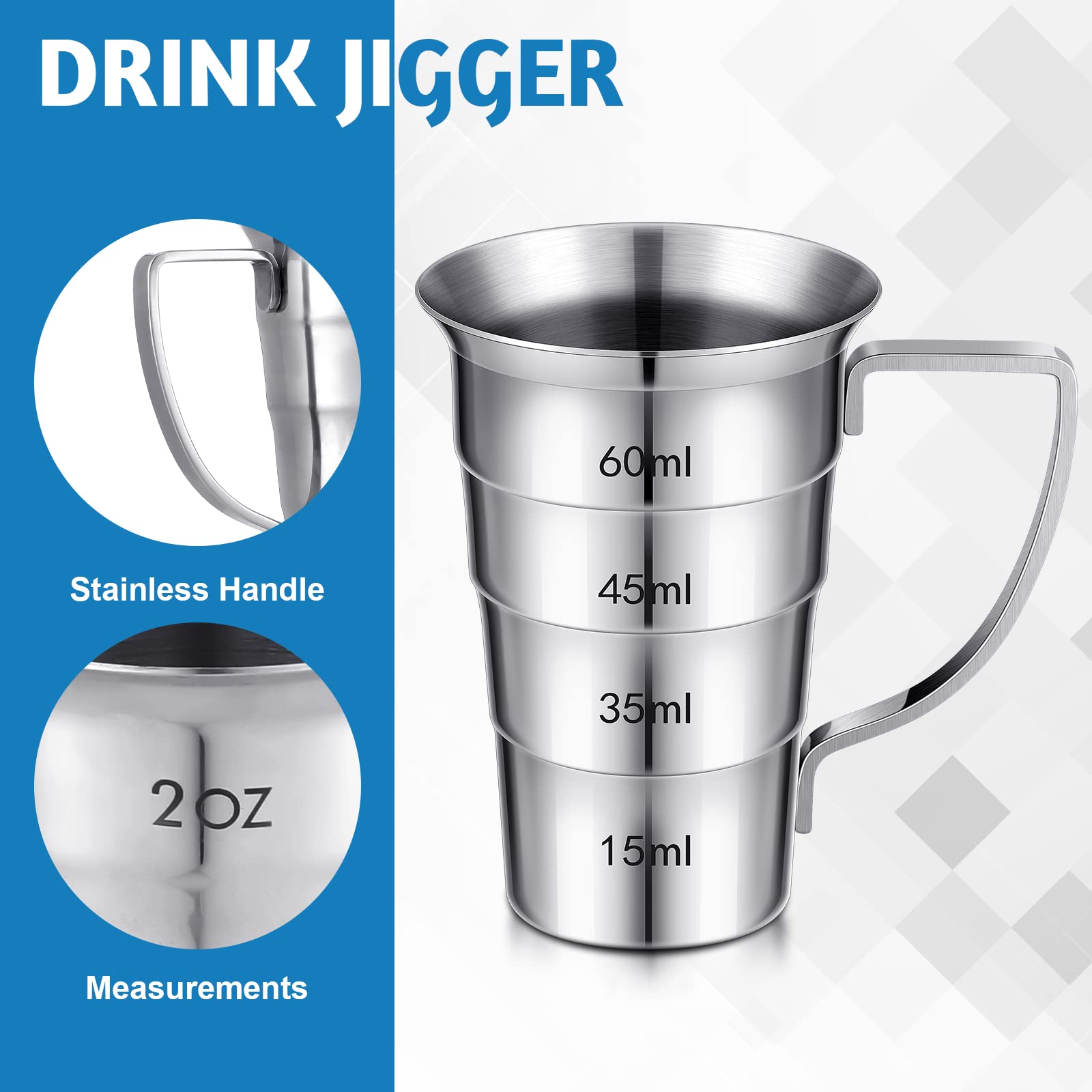 Zeyune 2 Pieces 2 Oz Stepped Jiggers with Handle Stainless Steel Cocktail Jiggers Drink Measuring Jigger Stepped Measuring Tool for Bartenders Bar Drink Jiggers and Pourers