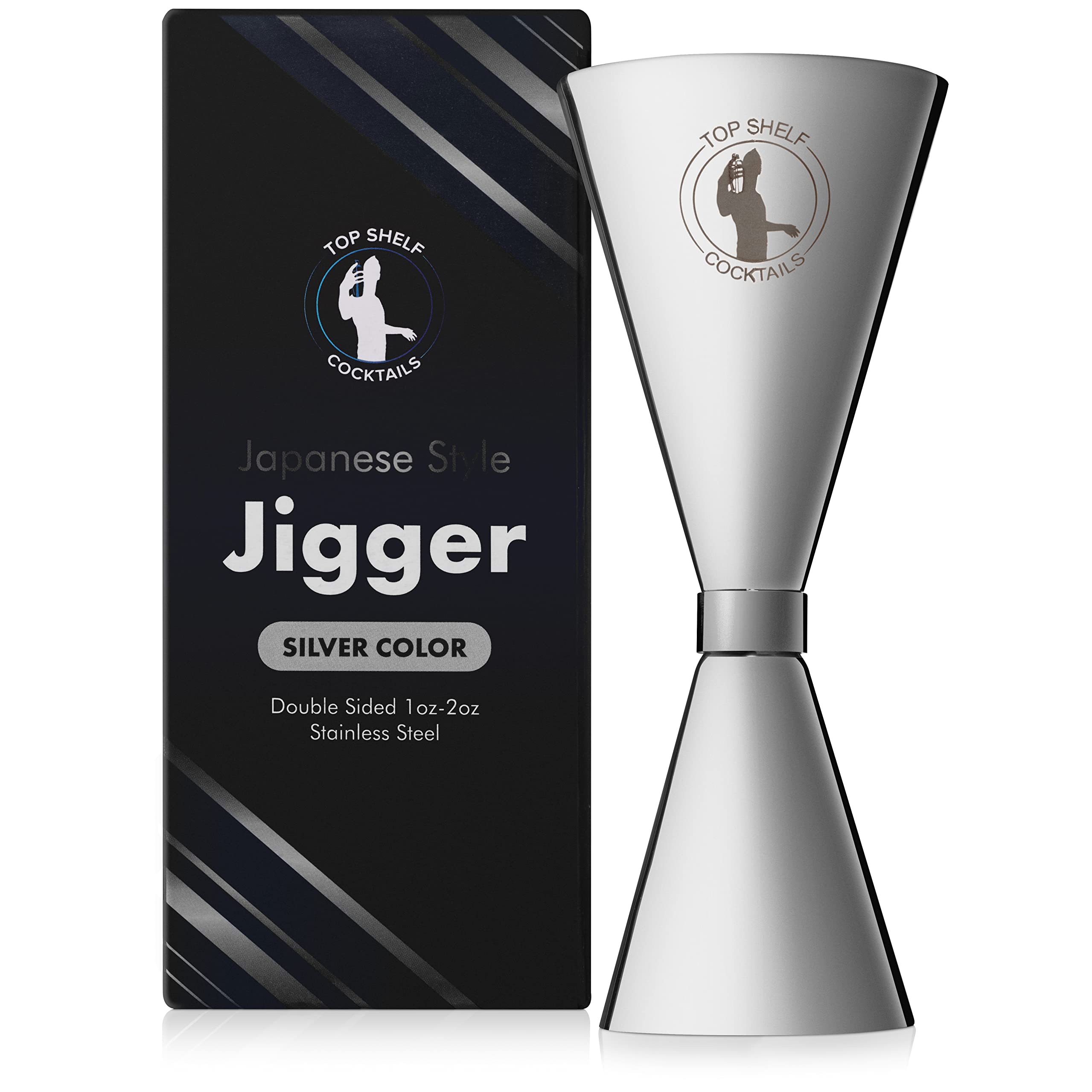 Top Shelf Cocktails Japanese Jigger Double Jigger 2oz 1oz Cocktail Jigger With Measurements Inside Get Accurate Pours, Silver, 5in