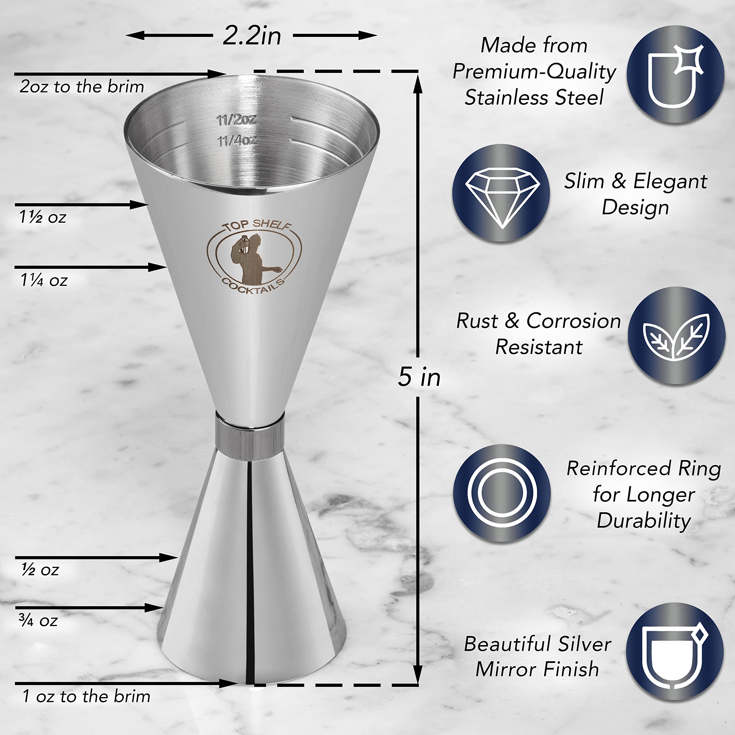 Top Shelf Cocktails Japanese Jigger Double Jigger 2oz 1oz Cocktail Jigger With Measurements Inside Get Accurate Pours, Silver, 5in