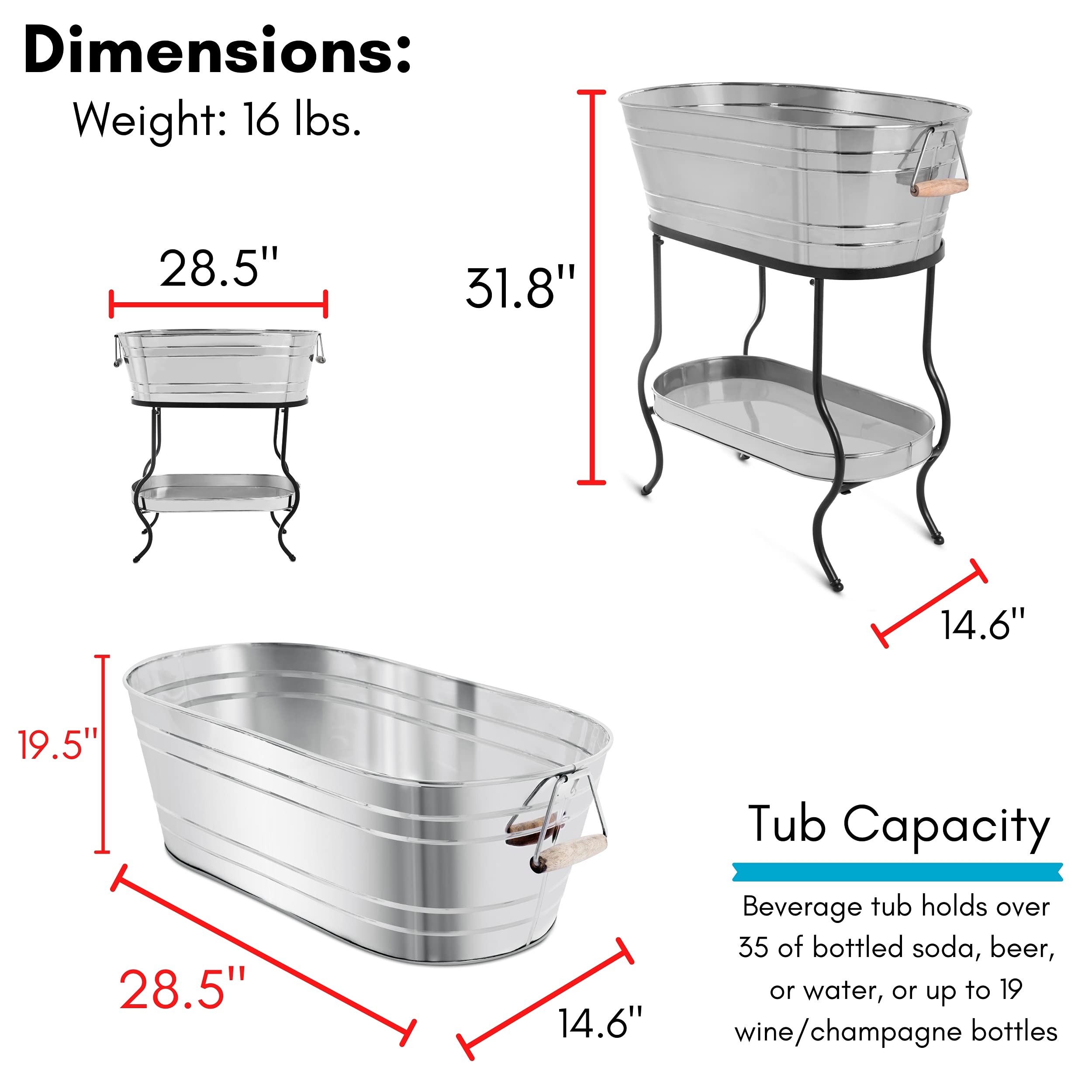 BIRDROCK HOME Stainless Steel Beverage Tub with Stand - Bottom Tray - Ice Bucket - Party Drink Holder - Wooden Handles - Outdoor or Indoor Use - Free Standing