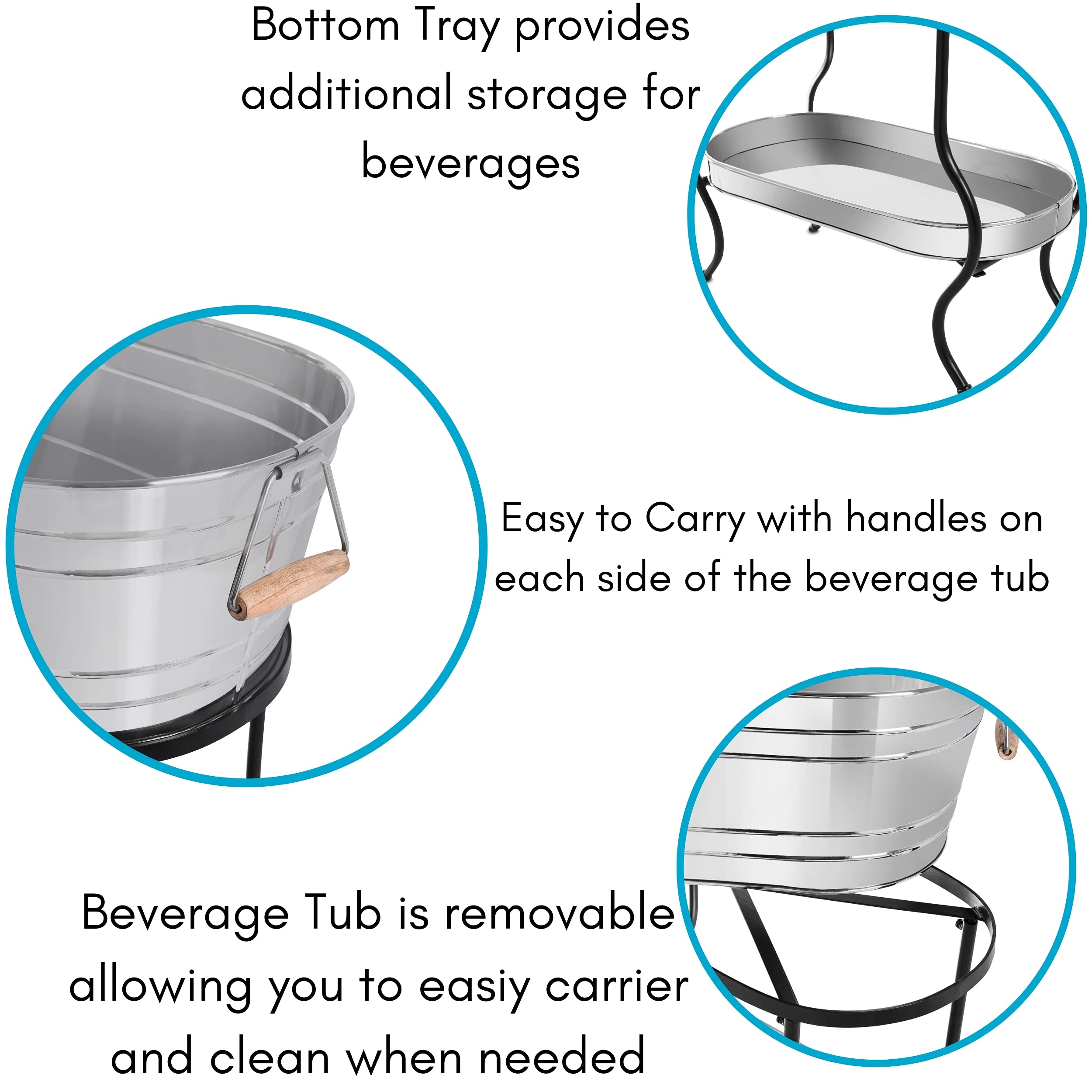 BIRDROCK HOME Stainless Steel Beverage Tub with Stand - Bottom Tray - Ice Bucket - Party Drink Holder - Wooden Handles - Outdoor or Indoor Use - Free Standing