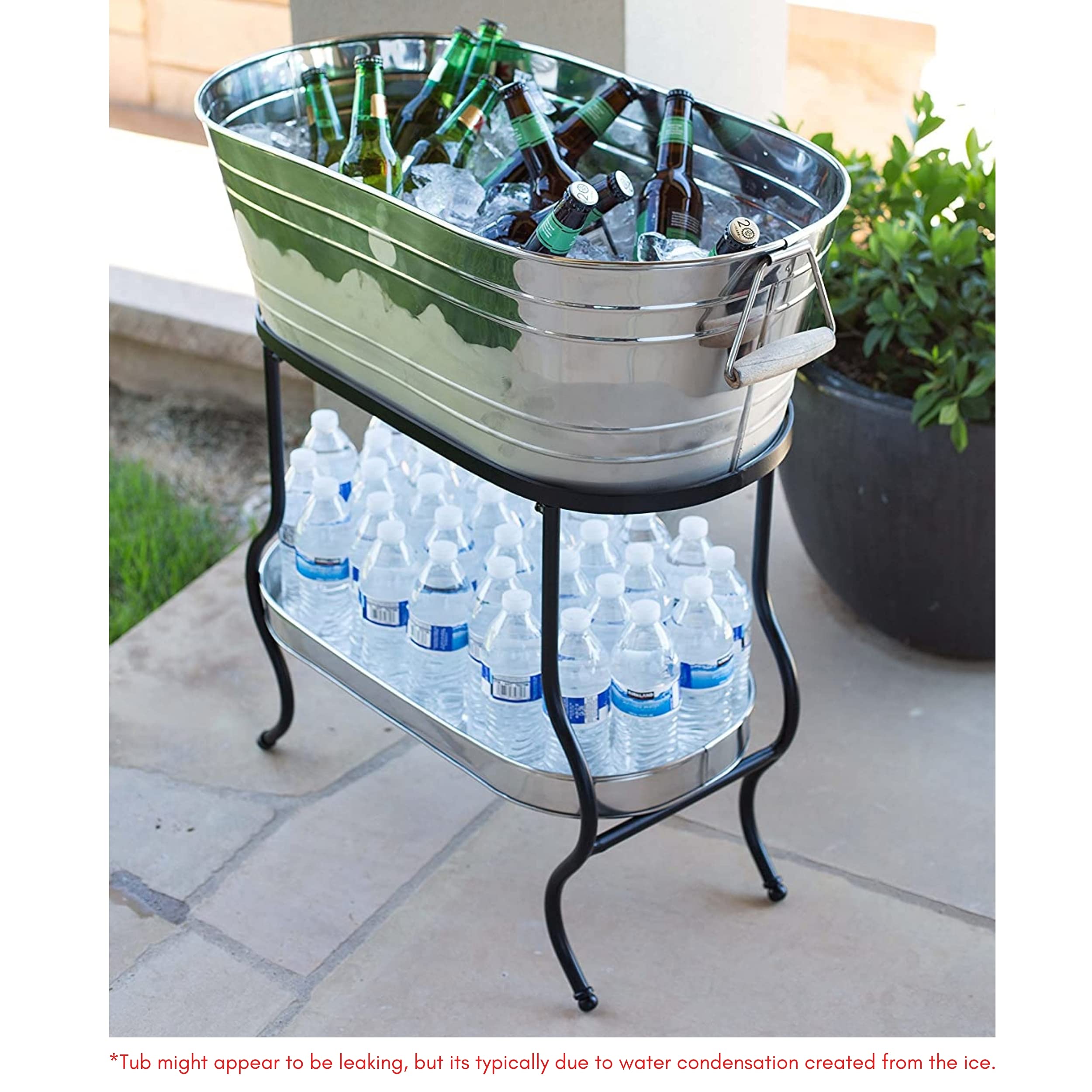 BIRDROCK HOME Stainless Steel Beverage Tub with Stand - Bottom Tray - Ice Bucket - Party Drink Holder - Wooden Handles - Outdoor or Indoor Use - Free Standing