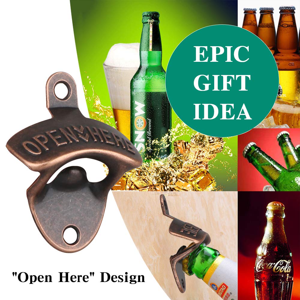 4 Pcs Bottle Opener Wall Mounted, Antique Metal Beer Bottle Top Openers Hardware With Mount Screws Set, Outdoor, Rustic, Cabinet, Bar (Vintage-Red bronze)