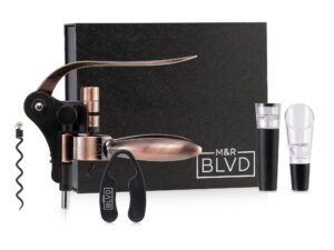 wine bottle opener set by m&r blvd. - professional grade, deluxe screwpull lever corkscrew - extra spiral, foil cutter, aerator spout, wine stopper - premium bar accessory & wine gift set - copper