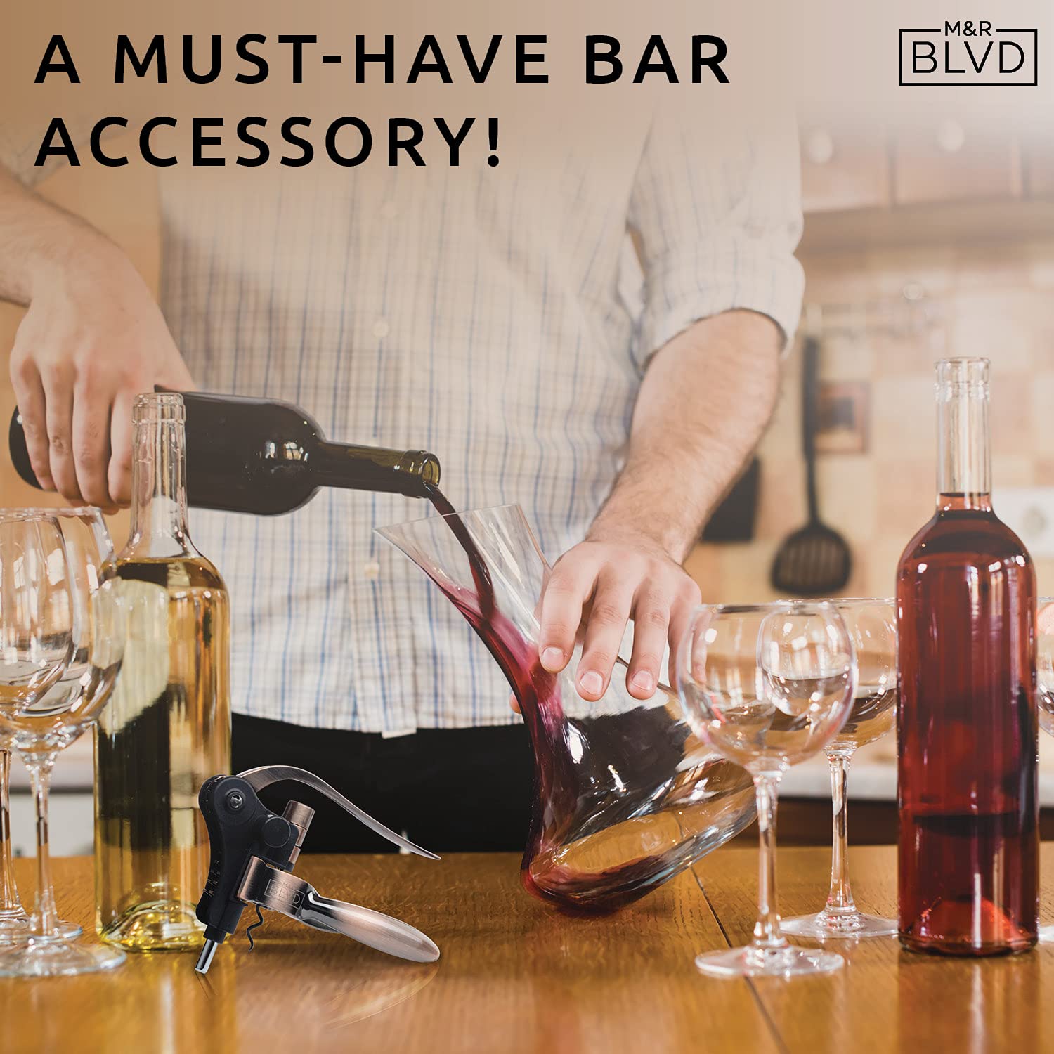 Wine Bottle Opener Set by M&R Blvd. - Professional Grade, Deluxe Screwpull Lever Corkscrew - Extra Spiral, Foil Cutter, Aerator Spout, Wine Stopper - Premium Bar Accessory & Wine Gift Set - Copper