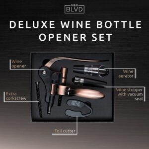 Wine Bottle Opener Set by M&R Blvd. - Professional Grade, Deluxe Screwpull Lever Corkscrew - Extra Spiral, Foil Cutter, Aerator Spout, Wine Stopper - Premium Bar Accessory & Wine Gift Set - Copper