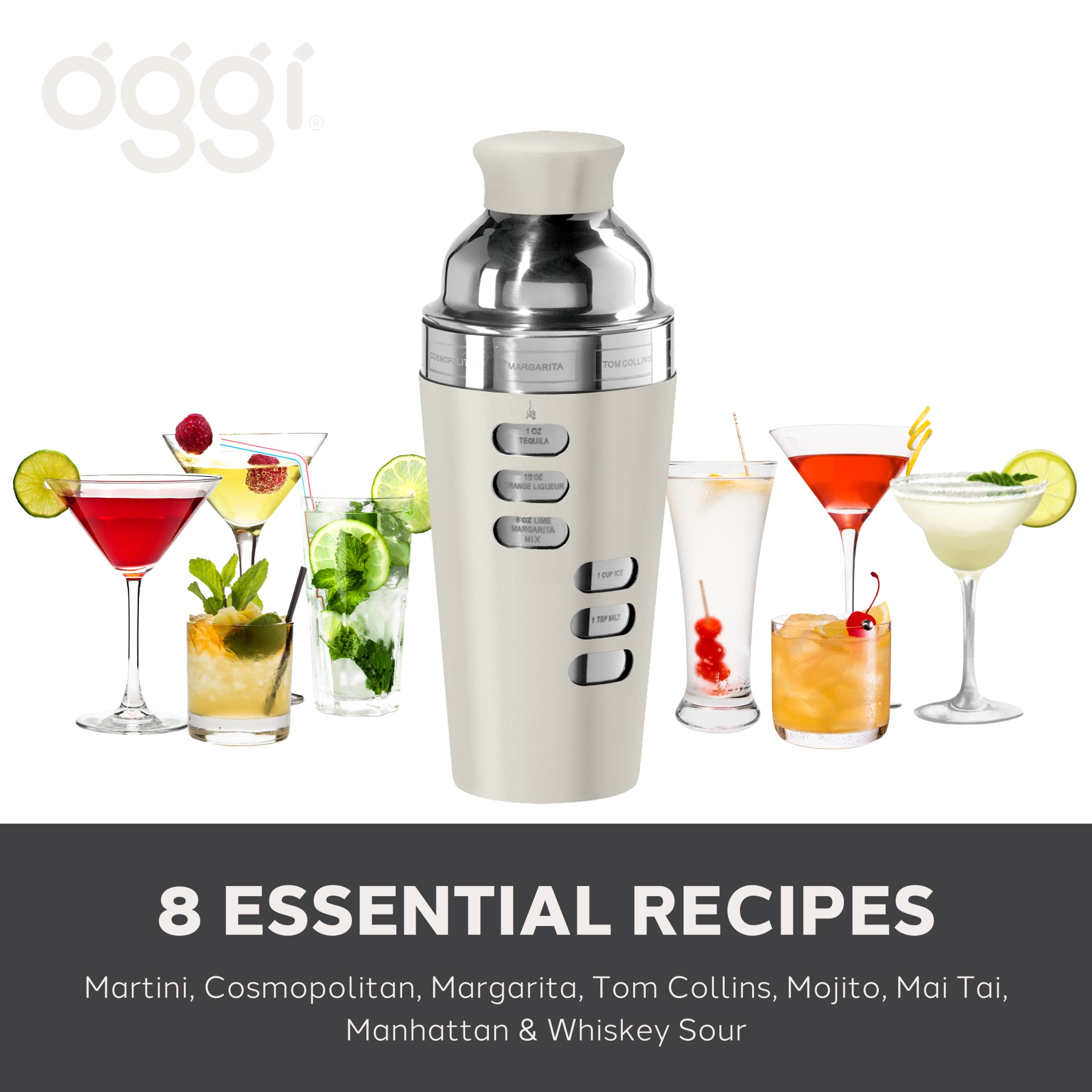 OGGI Dial A Drink Cocktail Shaker-23oz Stainless Steel Shaker, 8 Recipes, Stainless Steel Lid has Built In Strainer, Ideal Cocktail Mixer, Martini Shaker, Margarita Shaker & More, Stainless