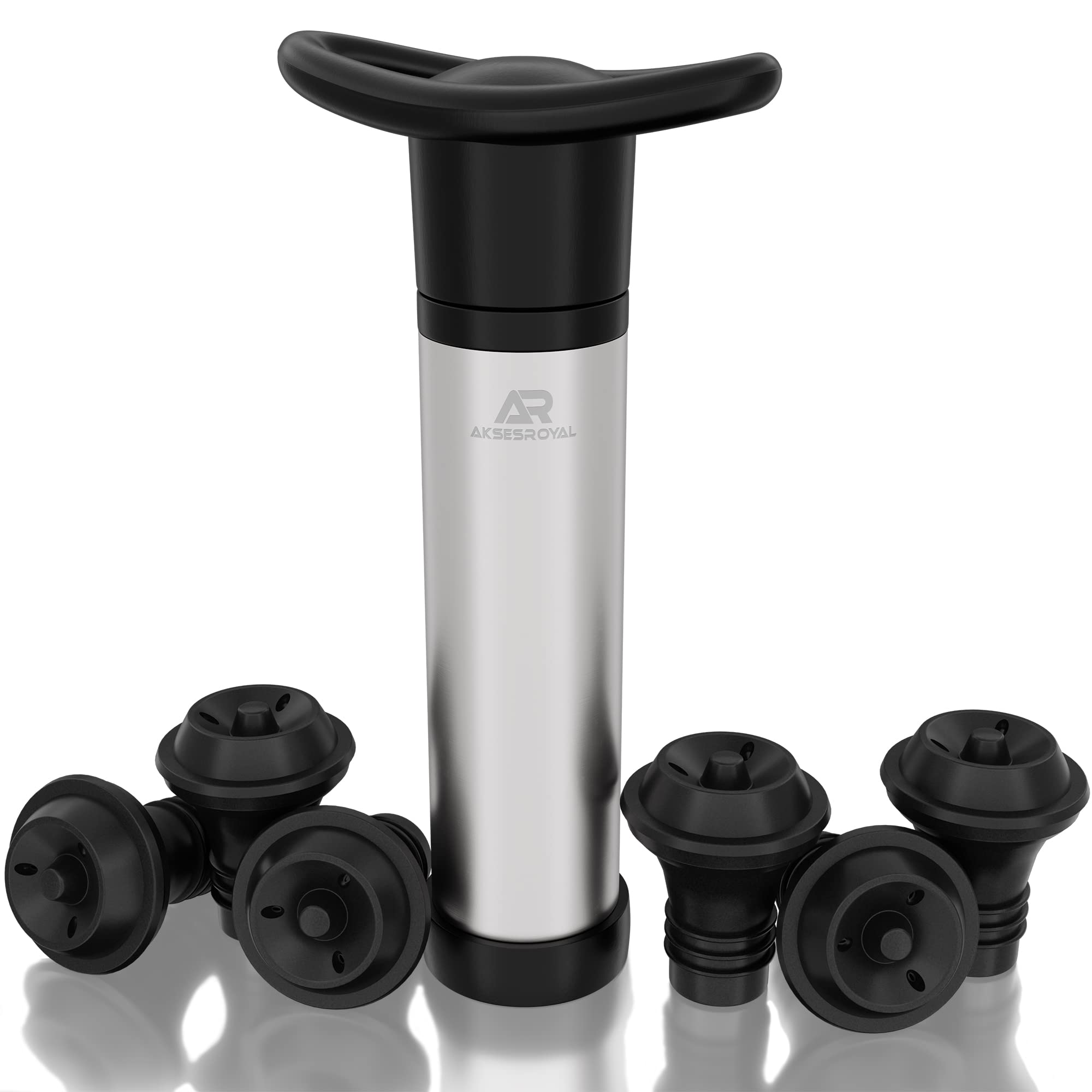 Aksesroyal Wine Pump with Valve Wine Stoppers (Silver 6 Stoppers)