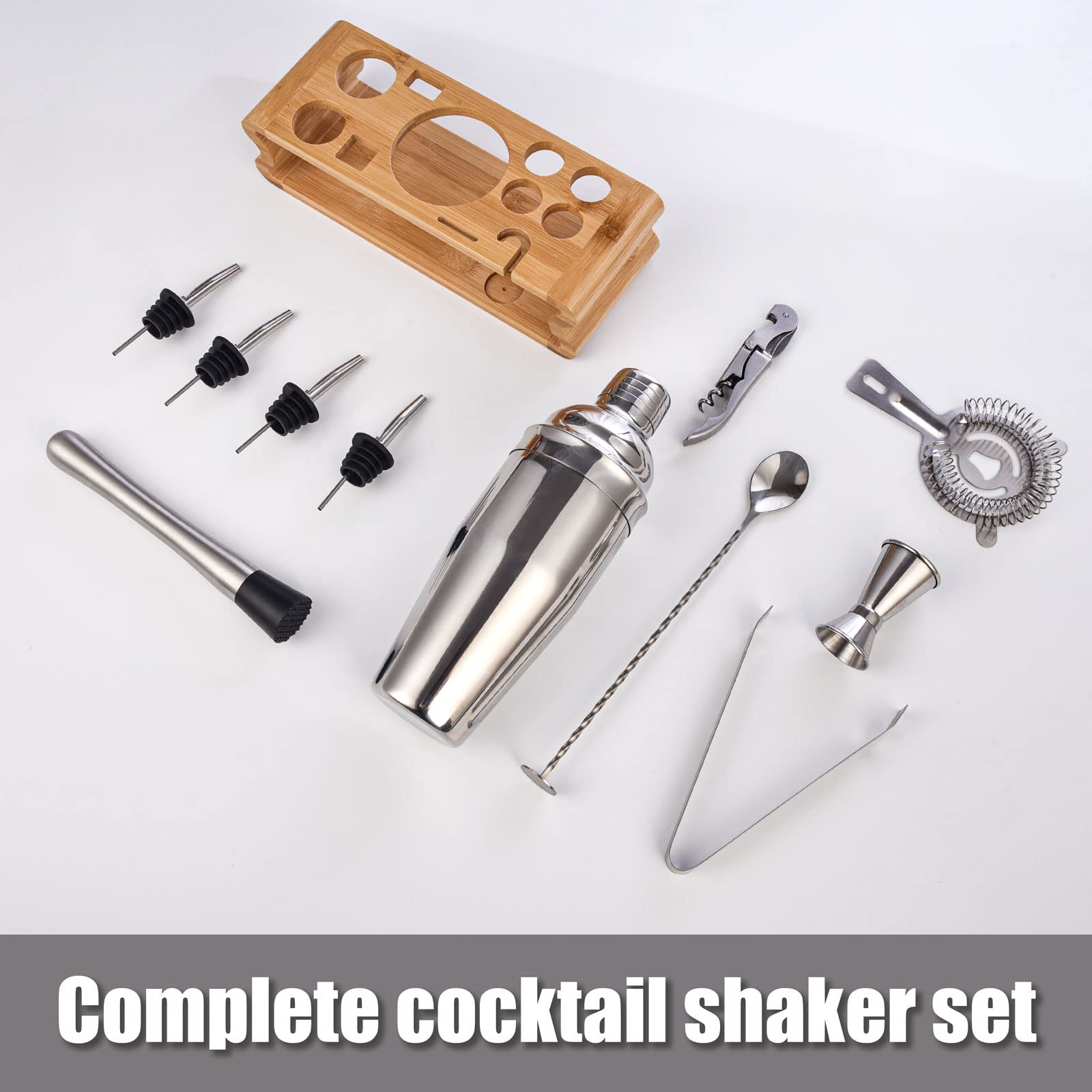 Quilamix Bartender Kit with Stylish Bamboo Stand, 12 Piece 25oz Cocktail Shaker Set for Mixed Drink, Professional Stainless Steel Bar Tool Set with Cocktail Recipes Bookle, Gift for Man Dad Friend