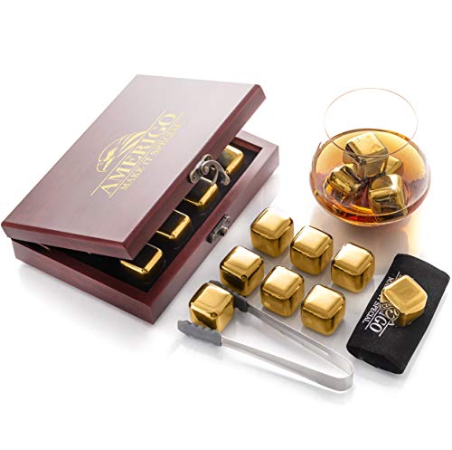 𝗕𝗘𝗦𝗧 𝗚𝗜𝗙𝗧: Amerigo Gold Stainless Steel Whiskey Stones Gift Set in Beautiful Wooden Box - Reusable Ice Cubes for Drinks - Bar Accessories - Whisky Gifts for Men - Chilling Rocks + Ice Tongs