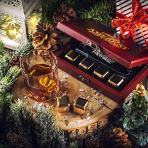 𝗕𝗘𝗦𝗧 𝗚𝗜𝗙𝗧: Amerigo Gold Stainless Steel Whiskey Stones Gift Set in Beautiful Wooden Box - Reusable Ice Cubes for Drinks - Bar Accessories - Whisky Gifts for Men - Chilling Rocks + Ice Tongs