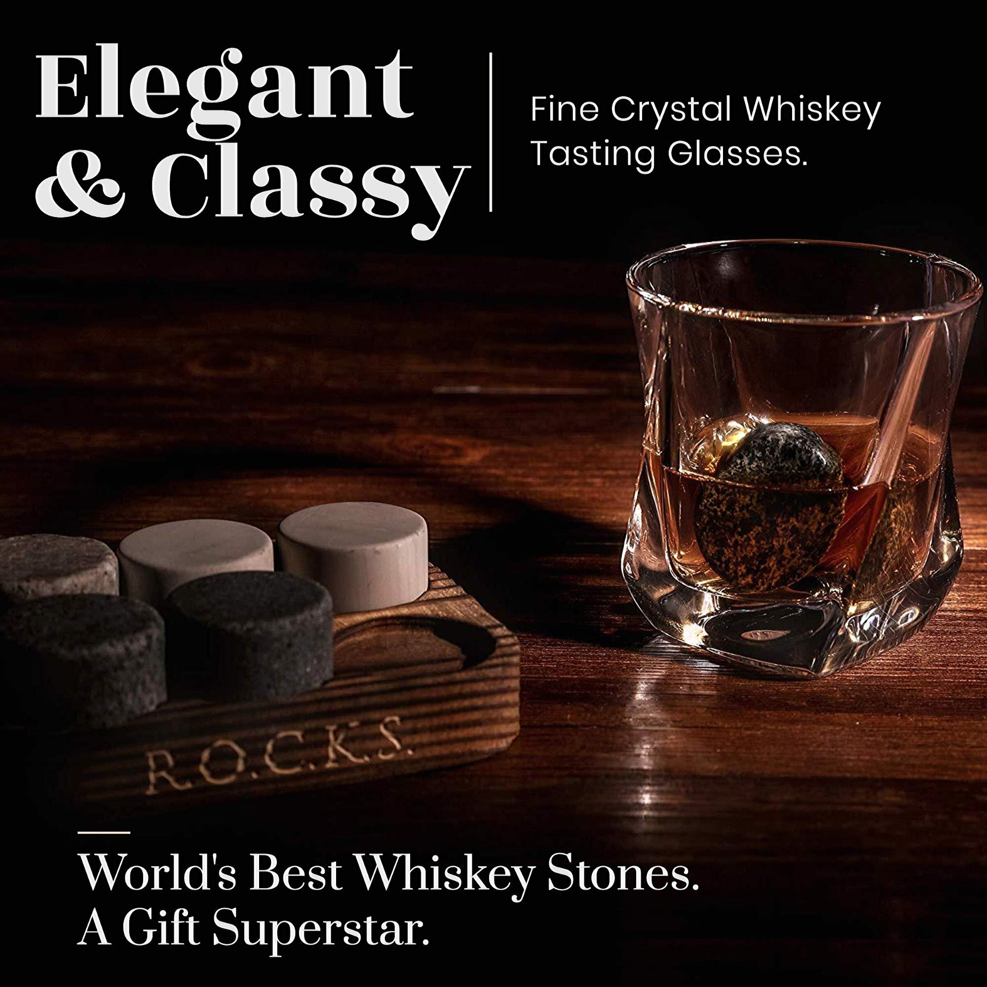 Whiskey Chilling Stones Gift Set - 6 Handcrafted Premium Granite Round Sipping Rocks - 2 Crystal Superior Glasses - Hardwood Presentation & Storage Tray - Elegant Gold Foil Gift Box by R.O.C.K.S.