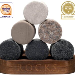 Whiskey Chilling Stones Gift Set - 6 Handcrafted Premium Granite Round Sipping Rocks - 2 Crystal Superior Glasses - Hardwood Presentation & Storage Tray - Elegant Gold Foil Gift Box by R.O.C.K.S.